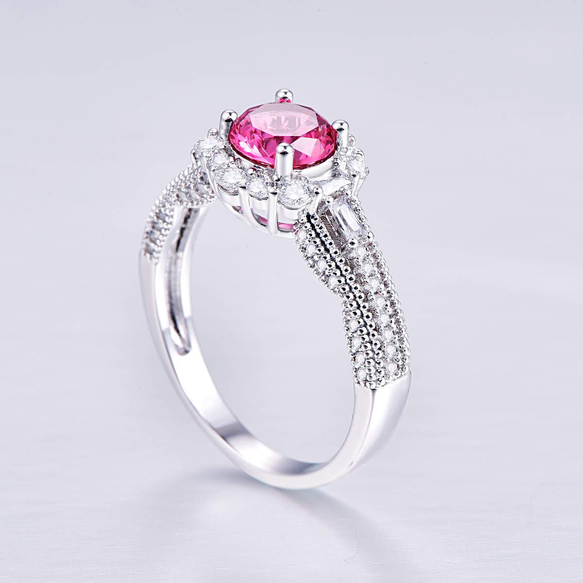 Pakula 925 Sterling Silver Women Round Simulated Ruby Halo Promise Ring for Her Size 7