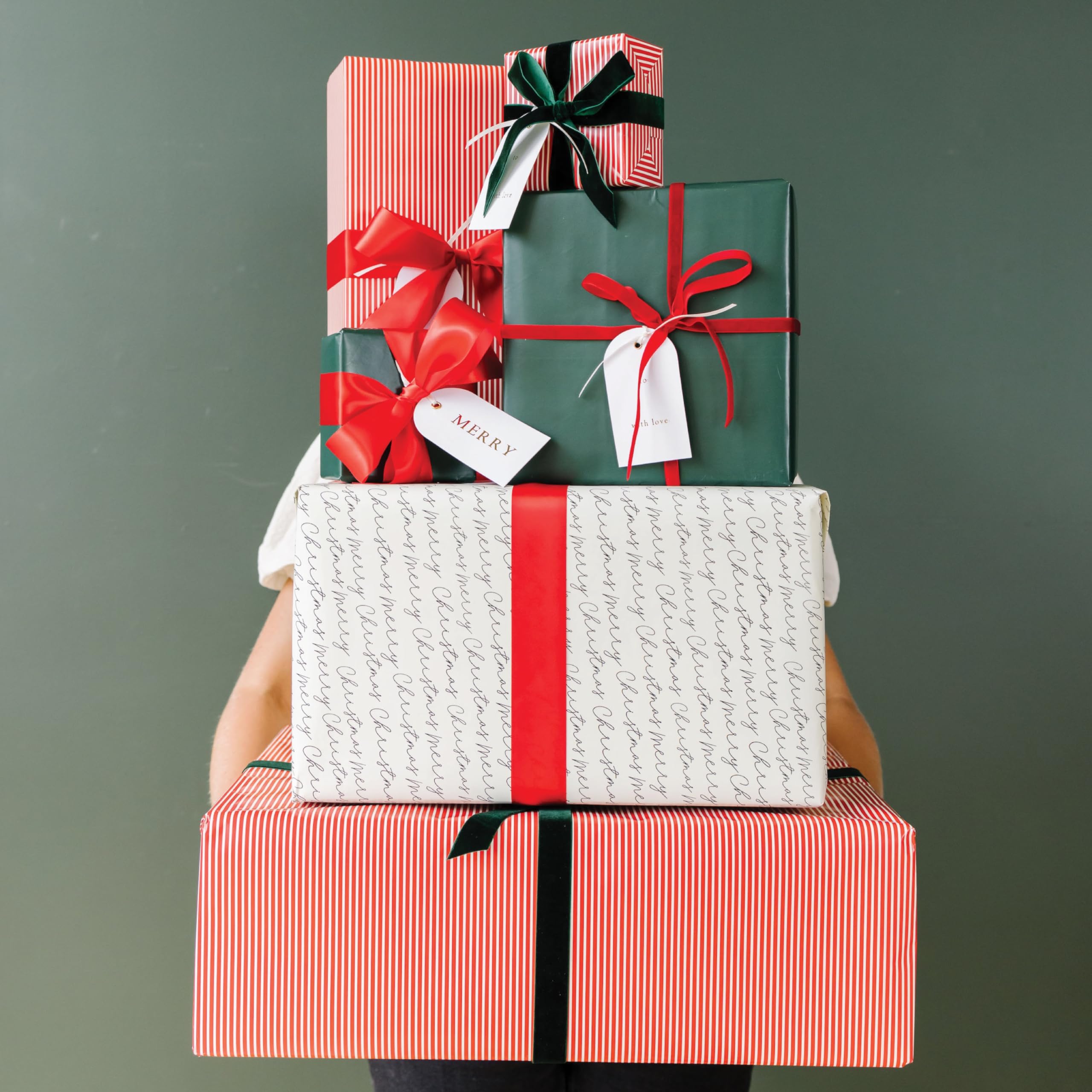 Merry Market 3-pack Premium Satin Christmas Wrapping Paper, Minimal Holiday Gift Wrap, Red Stripe, Solid Green and Merry Christmas - 30β x 168β per roll, 105 square feet total
