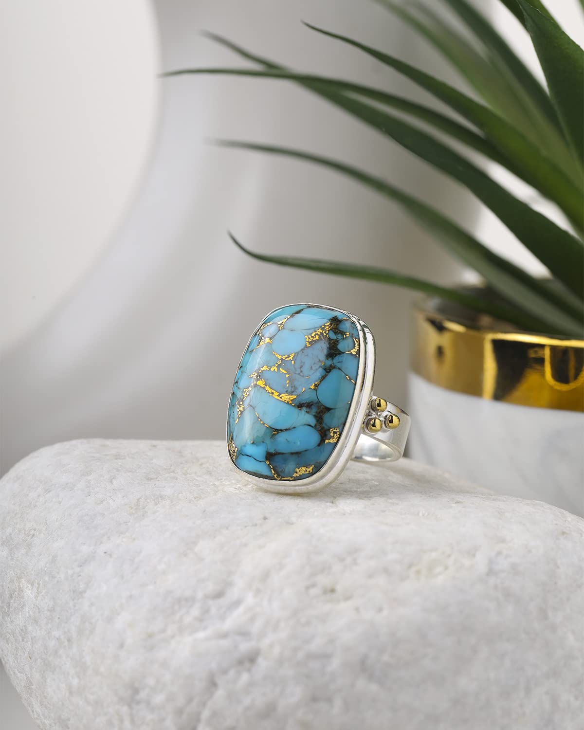 YoTreasure Blue Copper Turquoise Statement Ring 925 Sterling Silver with Brass Accents
