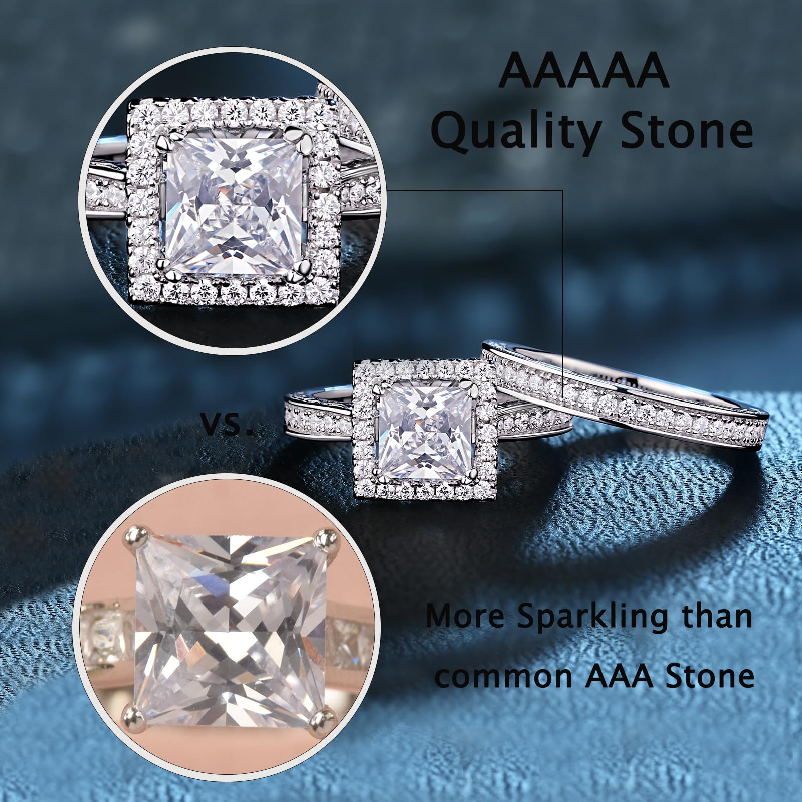 Newshe Wedding Band Engagement Ring Set for Women 925 Sterling Silver 2.8ct Princess White Cz Size 5