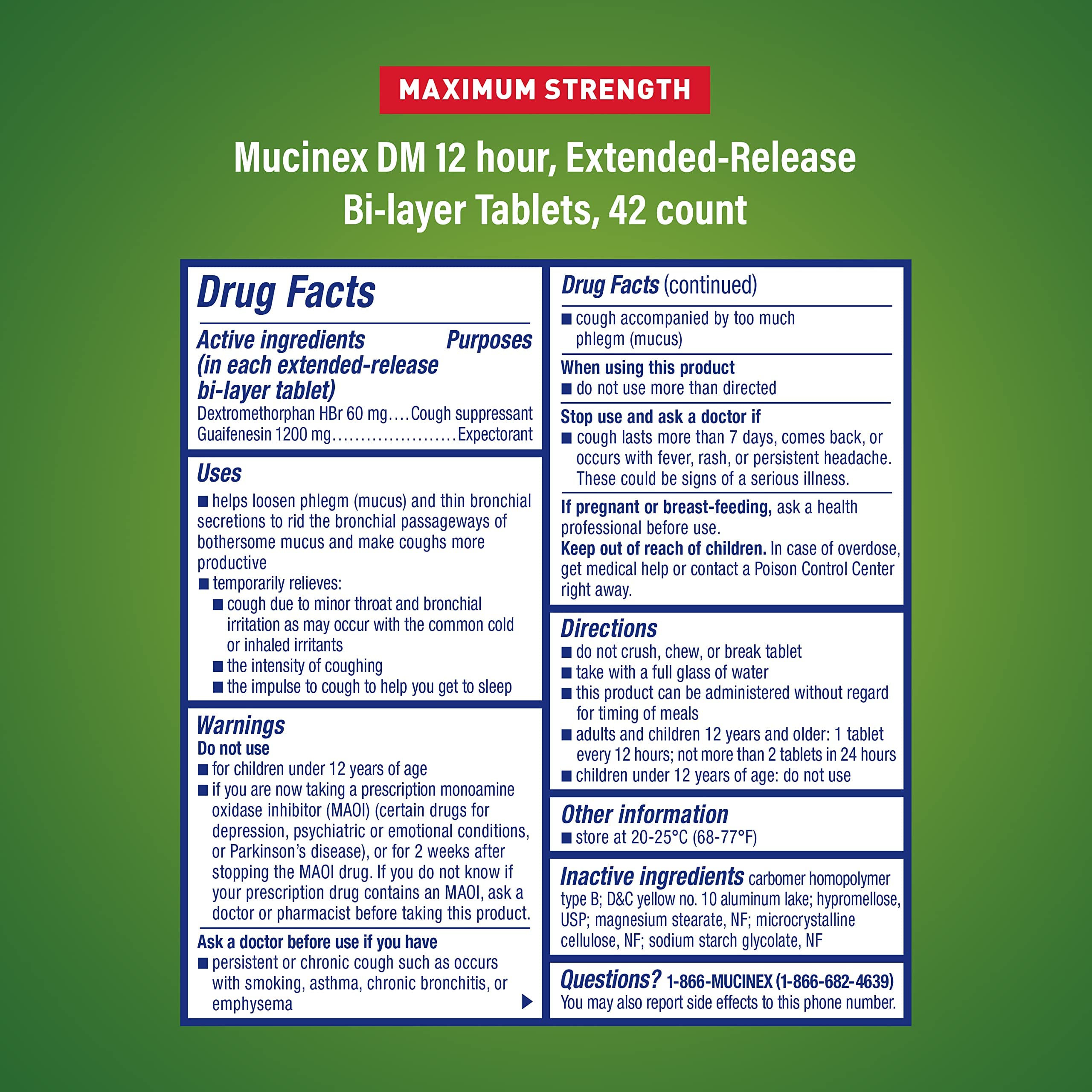 Mucinex Cough Suppressant and Expectorant, DM Maximum Strength 12 Hr Relief Tablets, 42ct, 1200 mg, Thins & loosens Mucus That Causes Chest Congestion