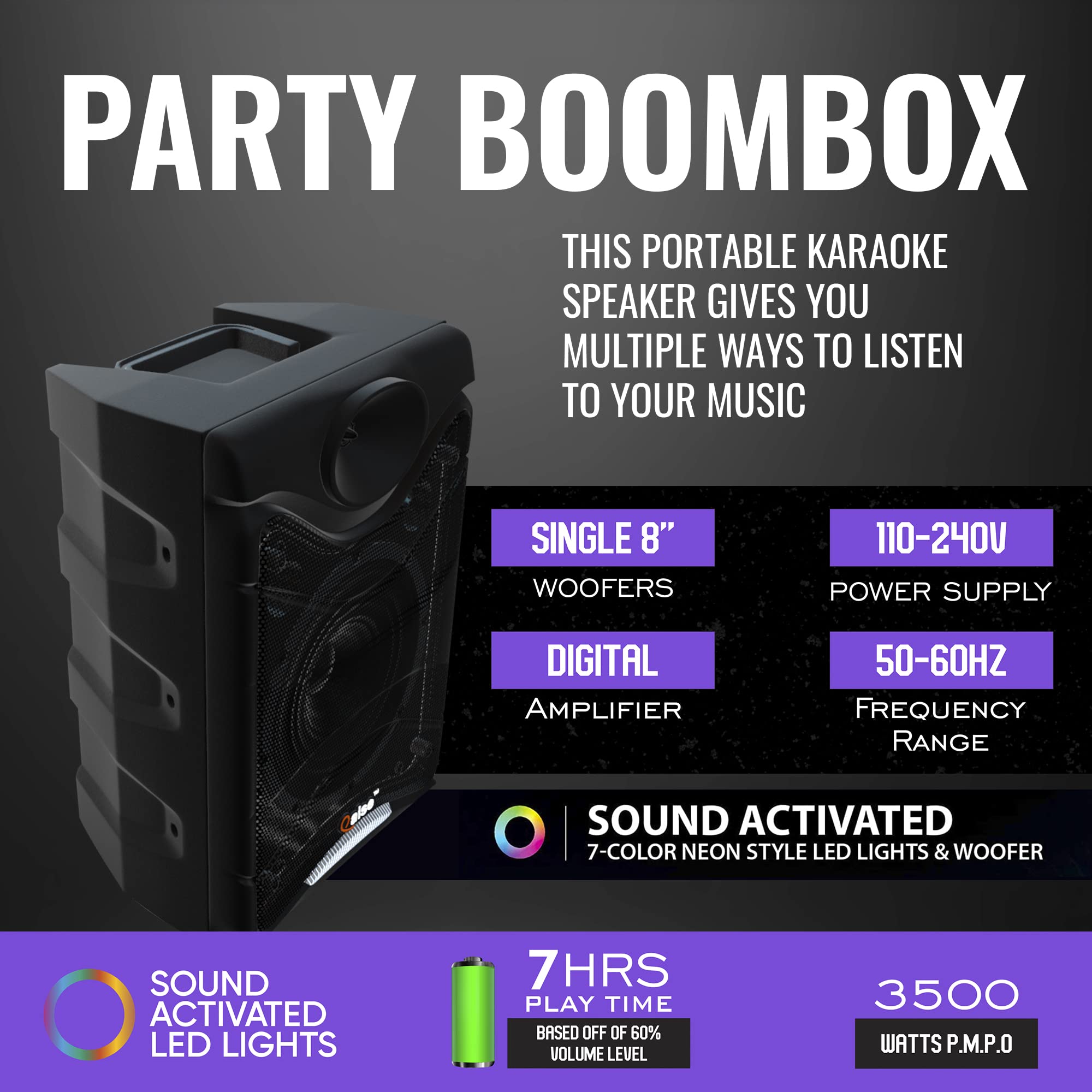QAISE Professional Bluetooth Speaker Party Boombox Karaoke Machine with Deep Bass, 8” Subwoofer, 1.5” Tweeters, LED Lights, Compact System for Parties & Events, 3500 Watts Power (Mini Bass Thumper)