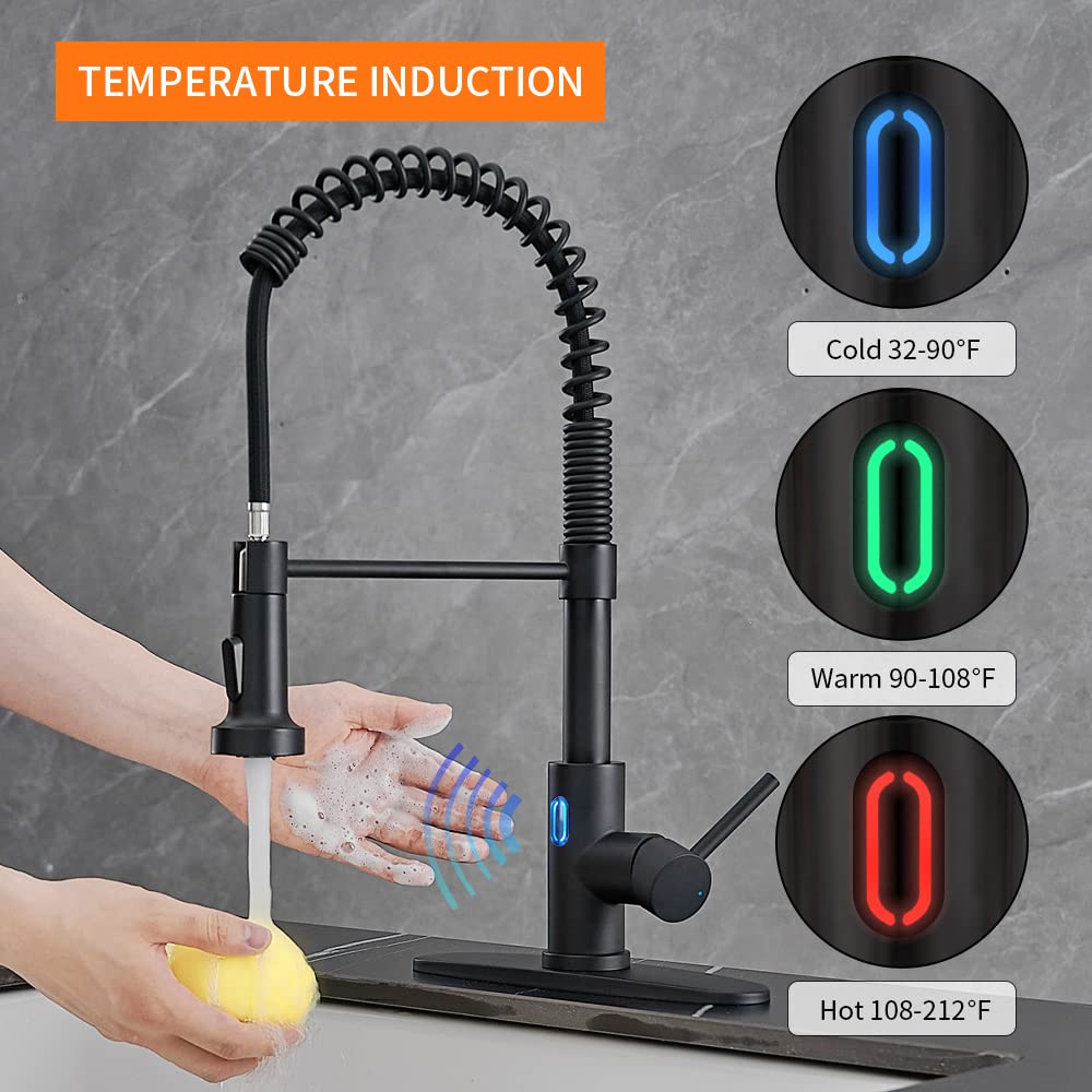 OWOFAN Touchless Kitchen Faucet with Pull Down Sprayer LED Light Single Handle Kitchen Sink Faucet Motion Sensor Smart Hands-Free, Stainless Steel Black 1078R