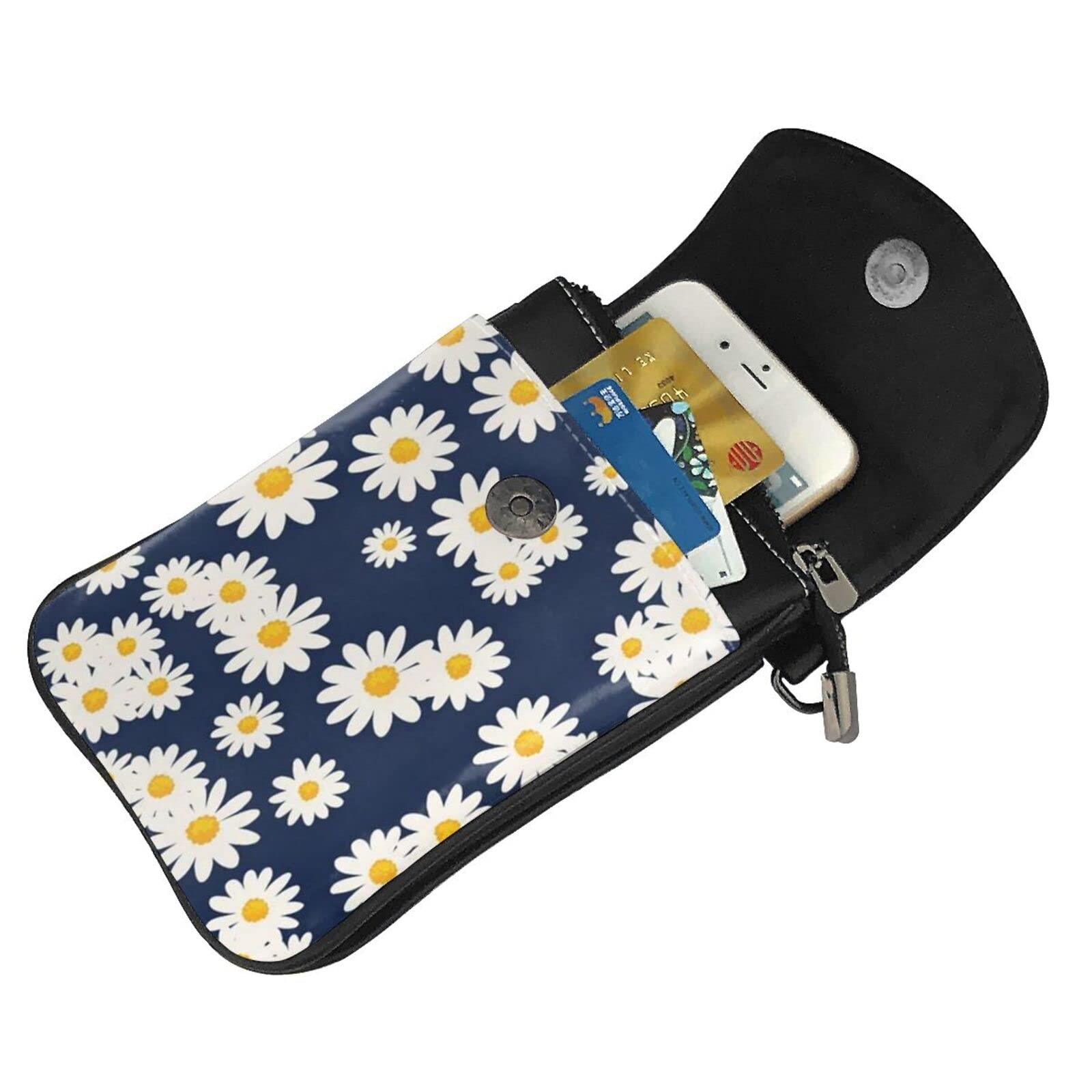 Women Cell Phone Purse Leather Crossbody Bag-Navy Blue Floral Daisy Mini Shoulder Bag Card Holder Wallet