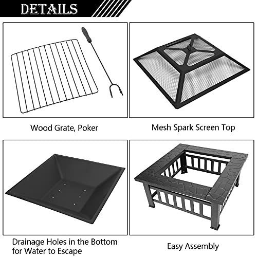 Multifunction Fire Pit Table w/Spark Screen, Fireplace Poker, Grate, Outdoor Fire Pits BBQ Bowl, Square Metal Firepit Table for Backyard Patio Bonfire Garden