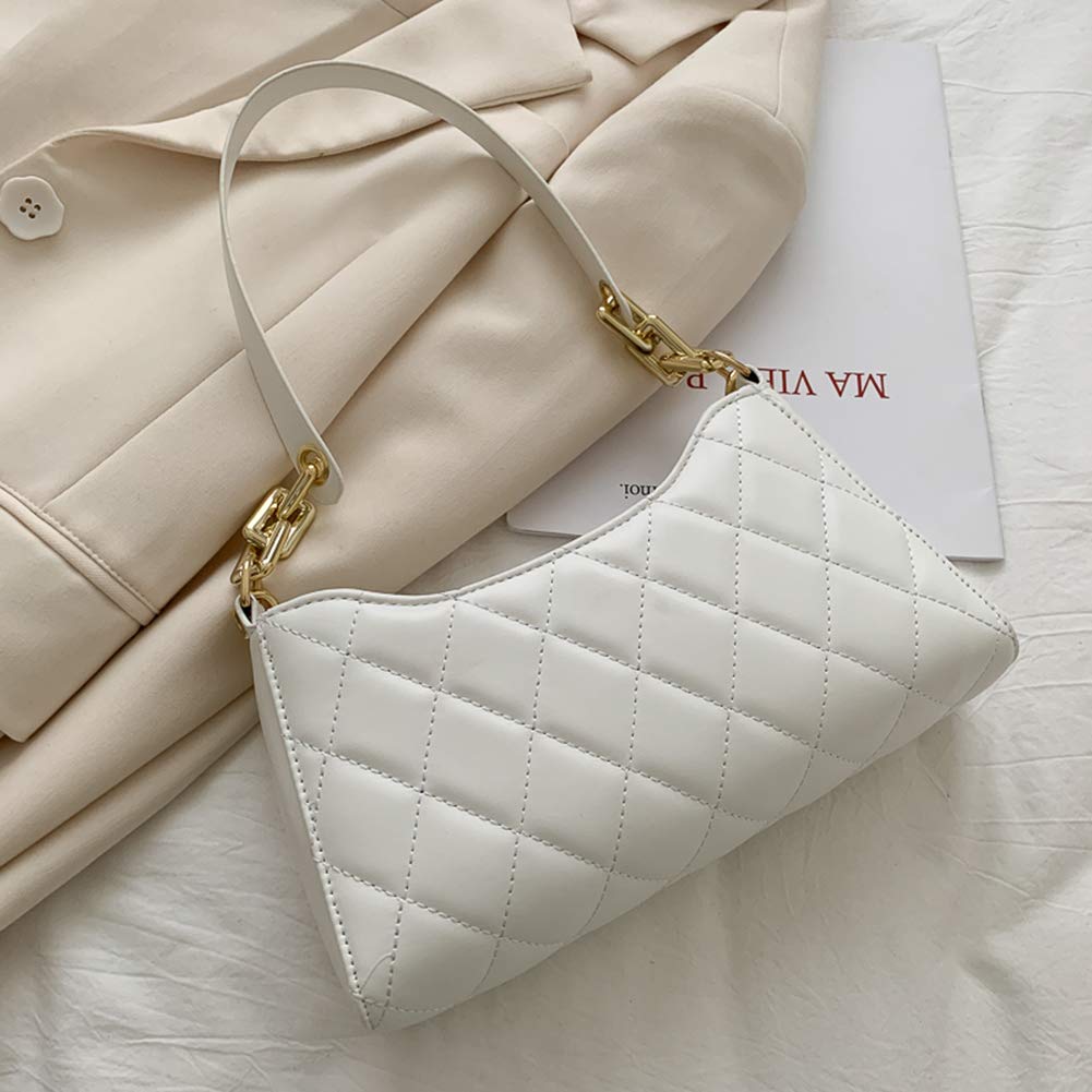 Women Chain Handbags Solid Lattice Pattern Travel Simple Shoulder Underarm Bag, White, 21 x 18 x 5cm