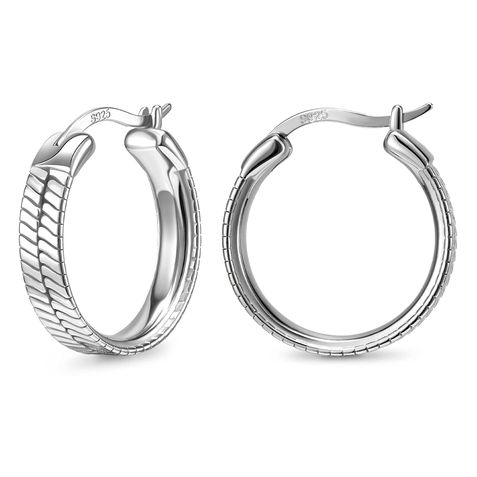 SWEETV 925 Sterling Silver Hoop Earrings for Women 20mm Medium Texture Chunky Hoops