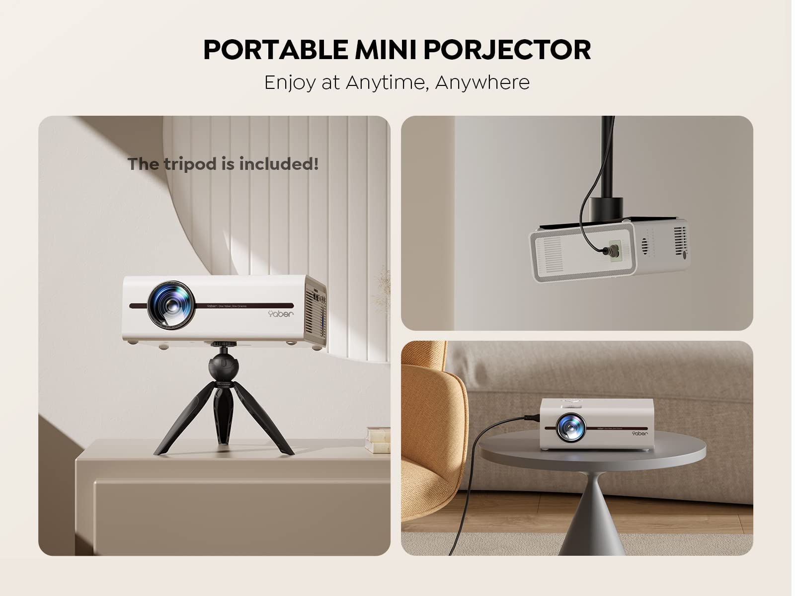 Mini Projector with 5G WiFi and Bluetooth 5.1, YABER 2023 Upgraded Movie Projector 1080P and 4K Supported, Ourdoor Portable Projector with Tripod and Bag, Compatible with Smartphone/PC/TV Stick