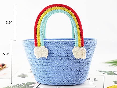 QTK Beach Tote Handmade Cotton Woven Rainbow Bag, Summer Beach Bags for Women, Color Tassel Rainbow Handle(Blue)