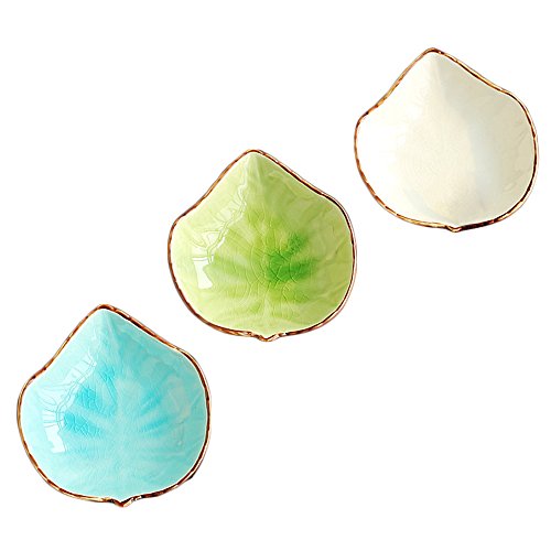 WAIT FLY Lovely Grape Leaves Shaped Ceramics Seasoning Dishes/ Tea Bag Holders/ Ketchup Saucer/ Appetizer Plates/ Vinegar Spice Salad Soy Sushi Wasabi Seasoning Dipping Bowls, Set of 3