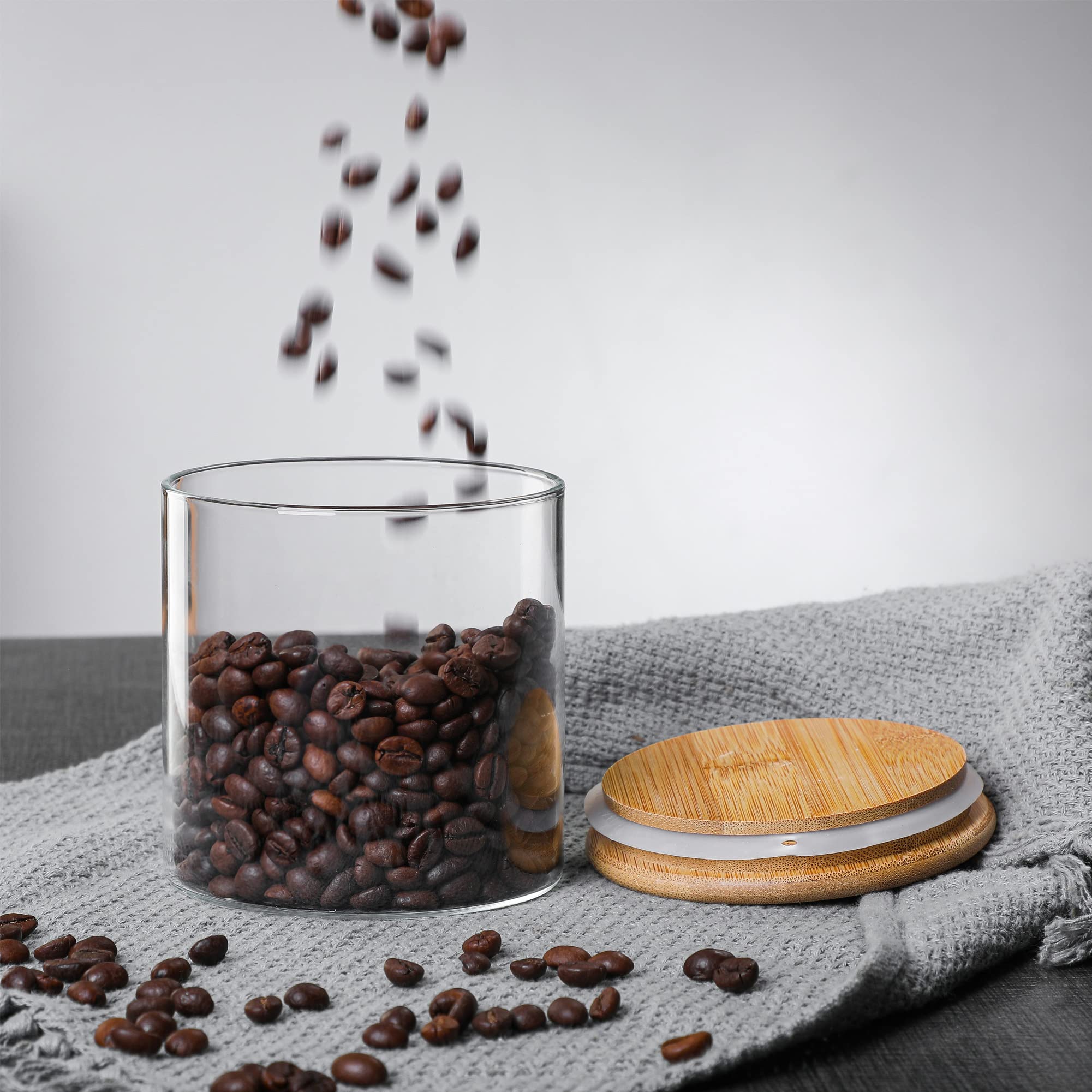 MOLFUJ 550 ML / 18 FL Oz Glass Storage Container with Wood Lid, Stackable Clear Decorative Organizer Bottle Canister Pantry Jar with Air Tight Wooden Lid for Food, Coffee, Candy, Sugar, Salt, Tea