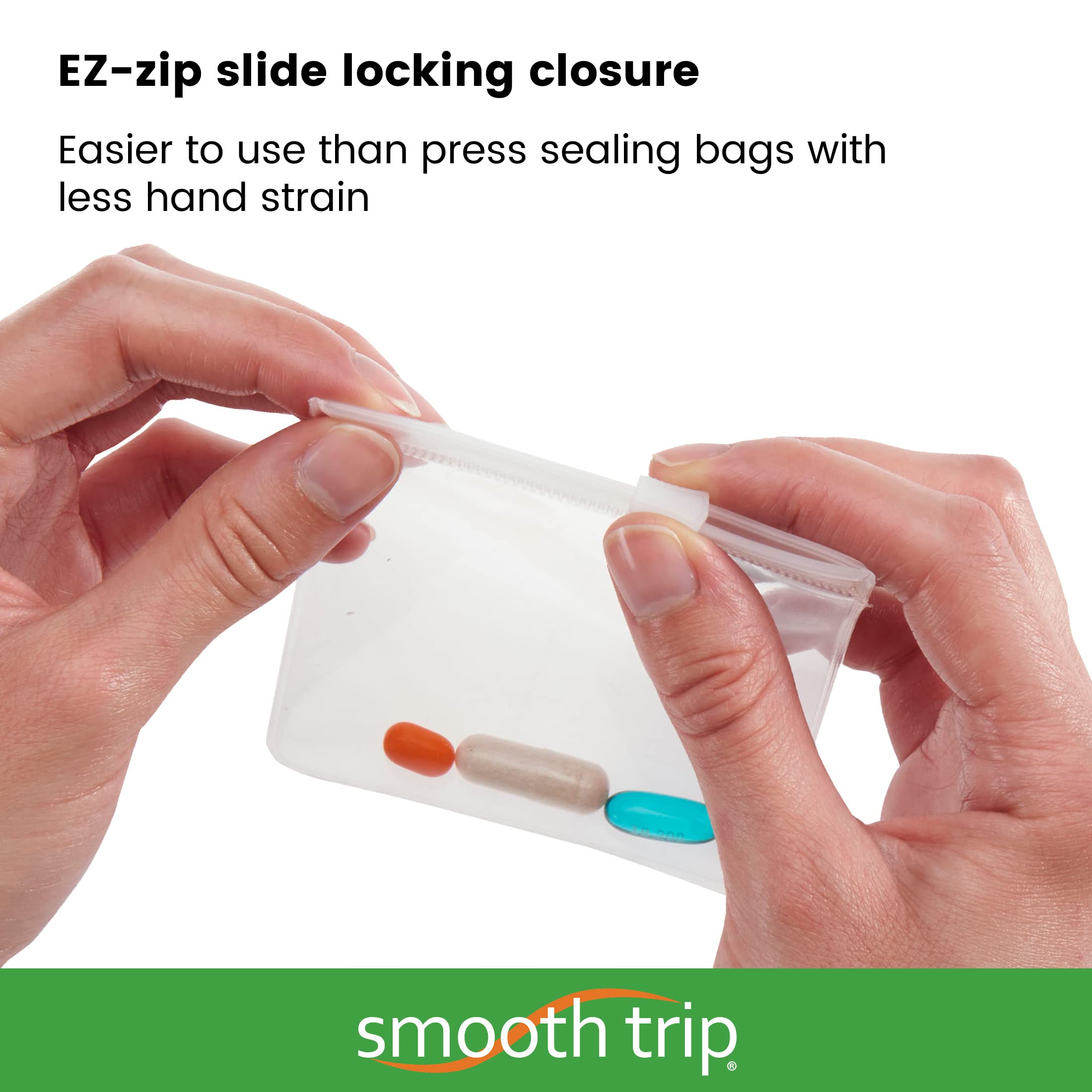 Smooth Trip Certified Food Grade Pill Pouch - Zippered Ultra Clear and Strong BPA Free Bags for Vitamins, Pills, Snacks and Accessories - Larger 3.25 x 3.5" Size (8-Count)