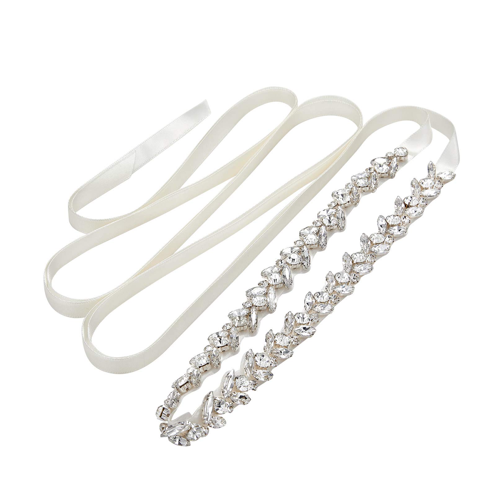 SWEETV Bridal Belt Sash with Rhinestones Wedding Dress Belt Crystal Headband Bride Bridesmaids Sash, Silver