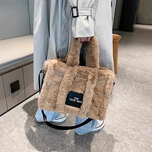 Women’s - The Tote Bag - Fluffy Shoulder Bag, Soft Faux Fur Crossbody Handbag, Trendy Plush Design, Medium Size (KHAKI)