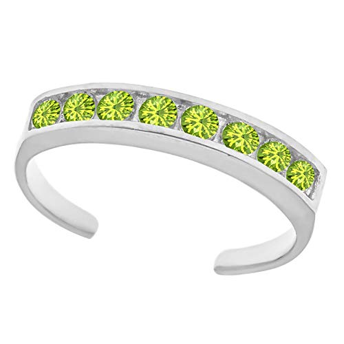 Round Cut Created Peridot Channel-Setting In 14K Gold Plated 925 Sterling Silver Adjustable Anniversary Band Toe Ring For Womens Girls (14K White Gold Plated)