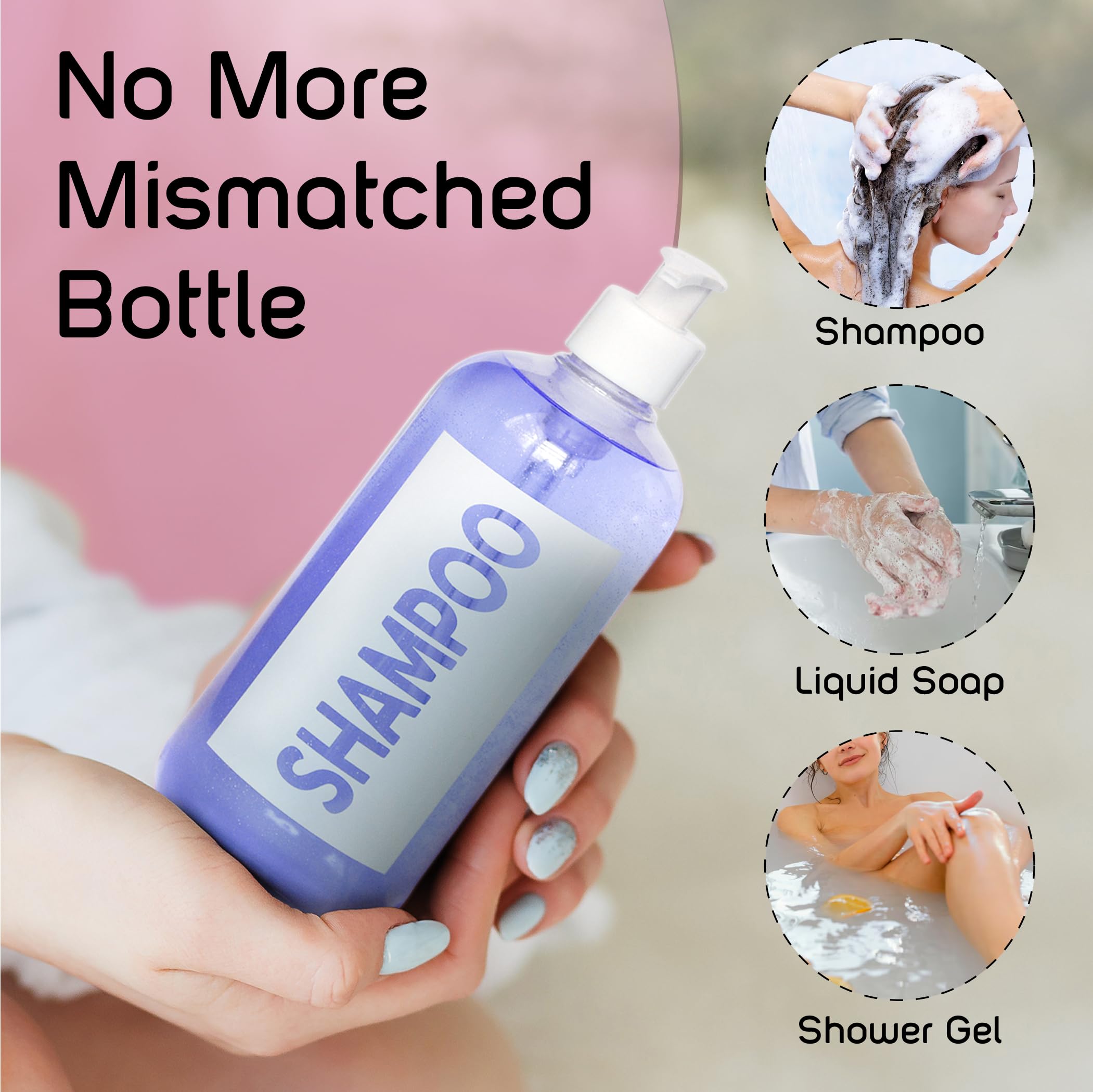 Modern Refillable Shampoo and Conditioner Dispensers by AylaMae | 500ml / 16.9oz PET Plastic Bottles (Clear)
