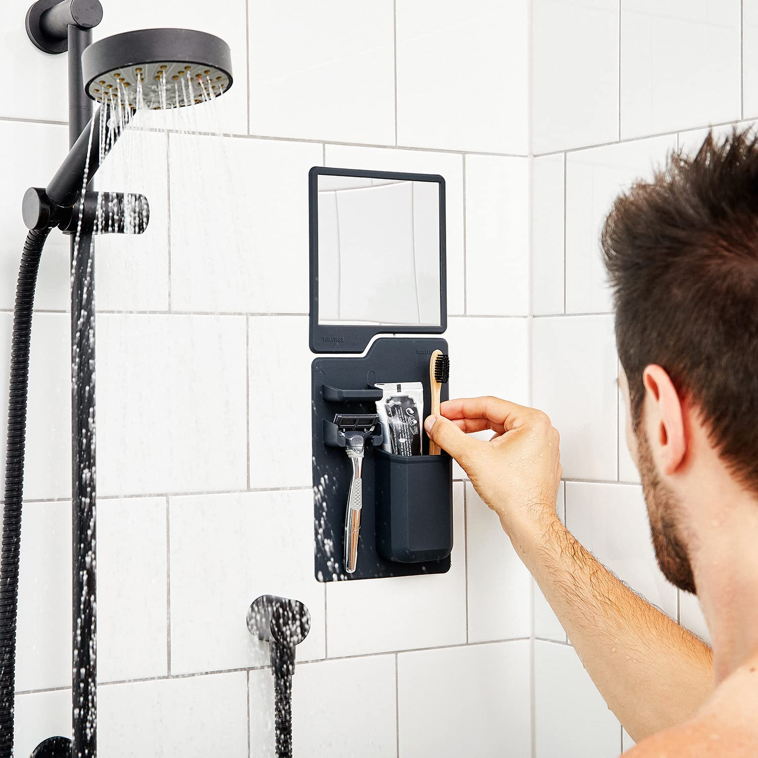 Tooletries - The Harvey & Oliver Set - Silicone Shower Toothbrush Holder and Razor Holder with Anti Fog Mirror - Silicone Shower Organizer - Removable & Reusable - Charcoal