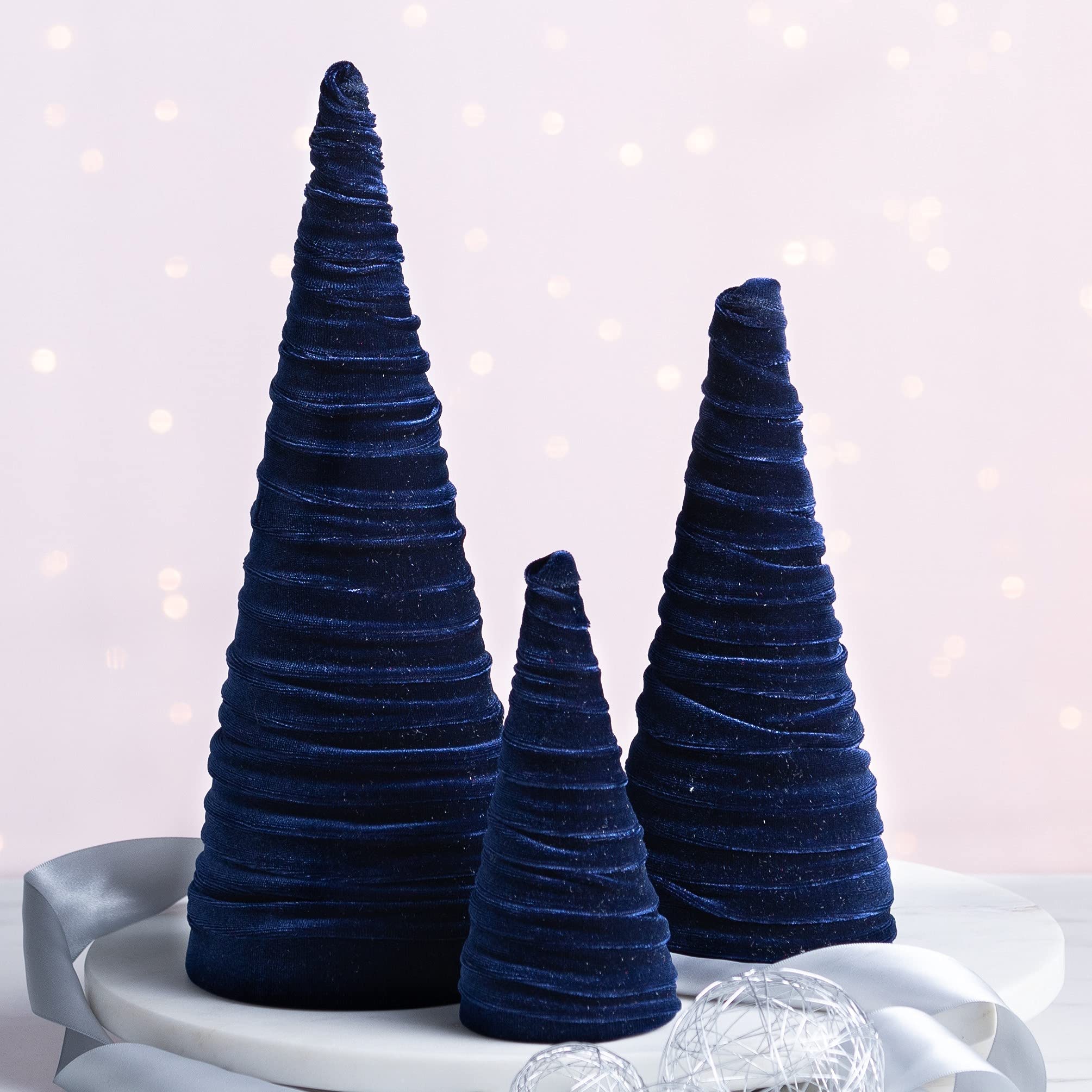 Navy Velvet Cones Set of 3, Mantel decor Holiday Entryway, Minimalist decor, Blue Christmas, Tree Figurines (Navy)