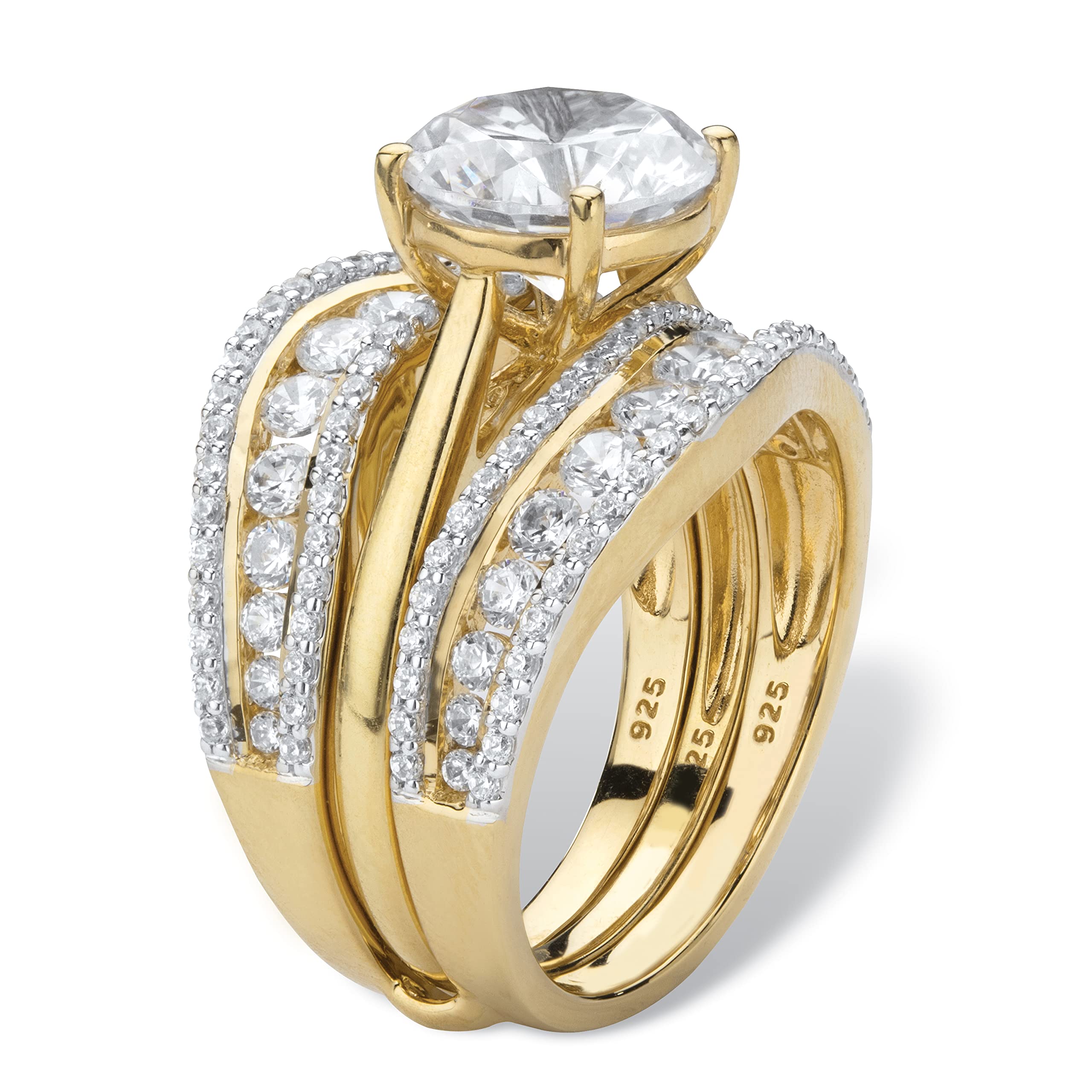 PalmBeach 18k Yellow Gold or Platinum Plated Sterling Silver Round Cubic Zirconia 2 Piece Jacket Bridal Ring Set Size 9