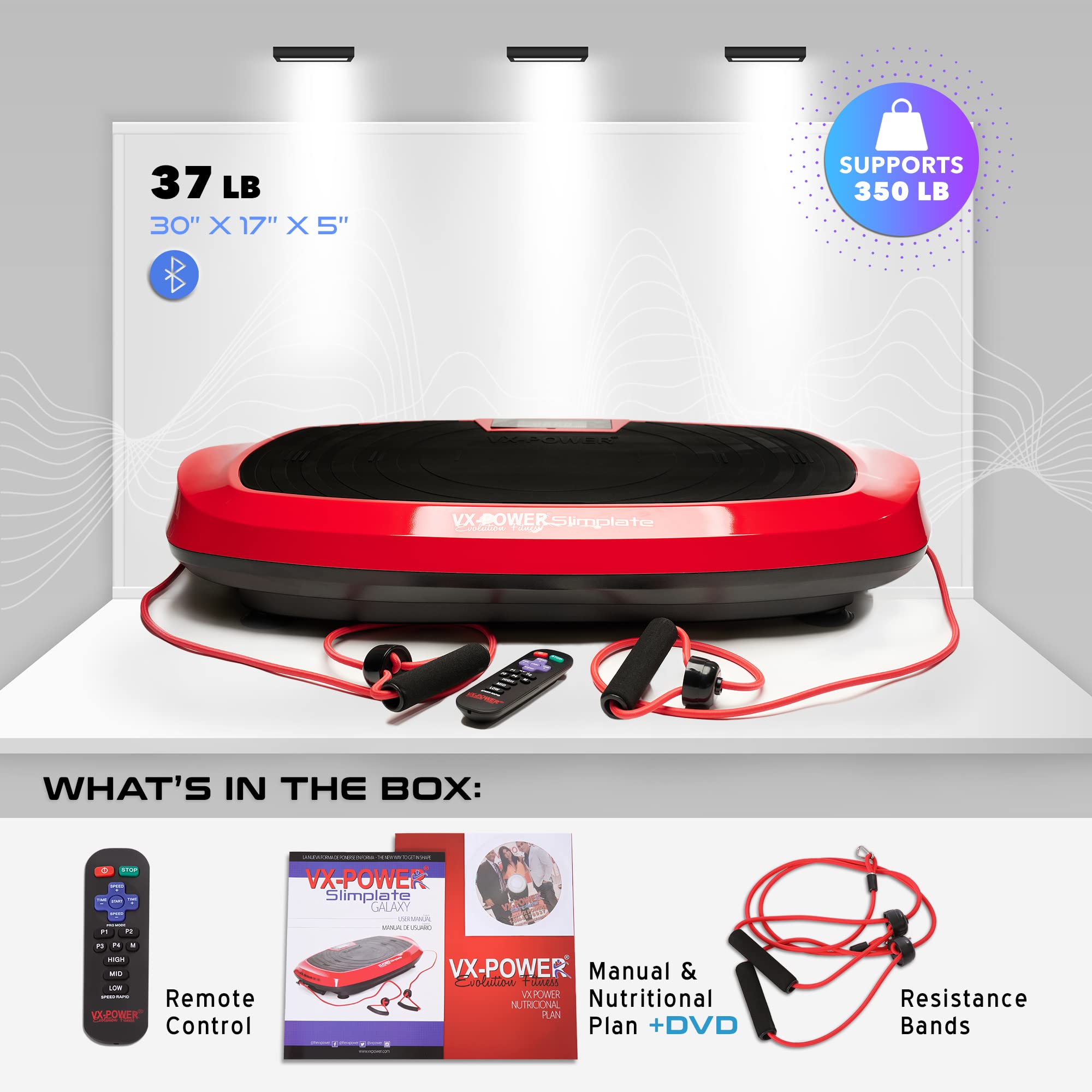 VX-Power Slimplate Galaxy - Vibration Plate Whole Body Vibration Platform Exercise Machine with Resistance Cords for Weight Loss, Toning & Wellness, Bluetooth Speakers (RED)