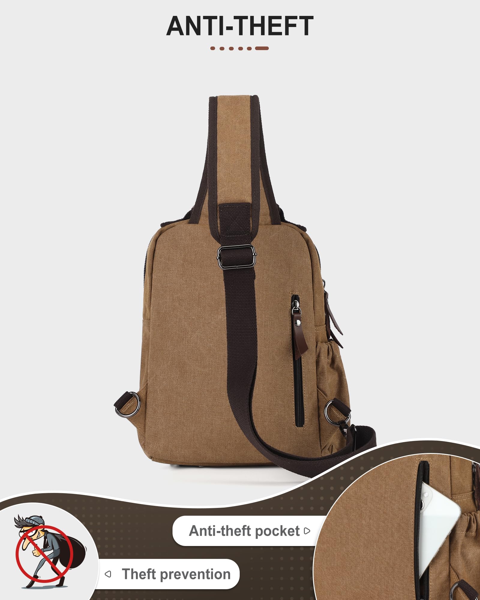 Messenger Bag for Men Small Sling Crossbody Backpack for Men Women Canvas Strap Backpack for Working Hiking Cycling Travel, Khaki