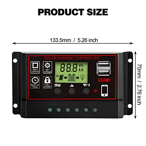WERCHTAY 60A Solar Charge Controller 12v/ 24v PWM Solar Panel Charge Controller Intelligent Regulator with 5v Dual USB Port Display Adjustable Parameter LCD Display and Timer Setting ON/Off Hours