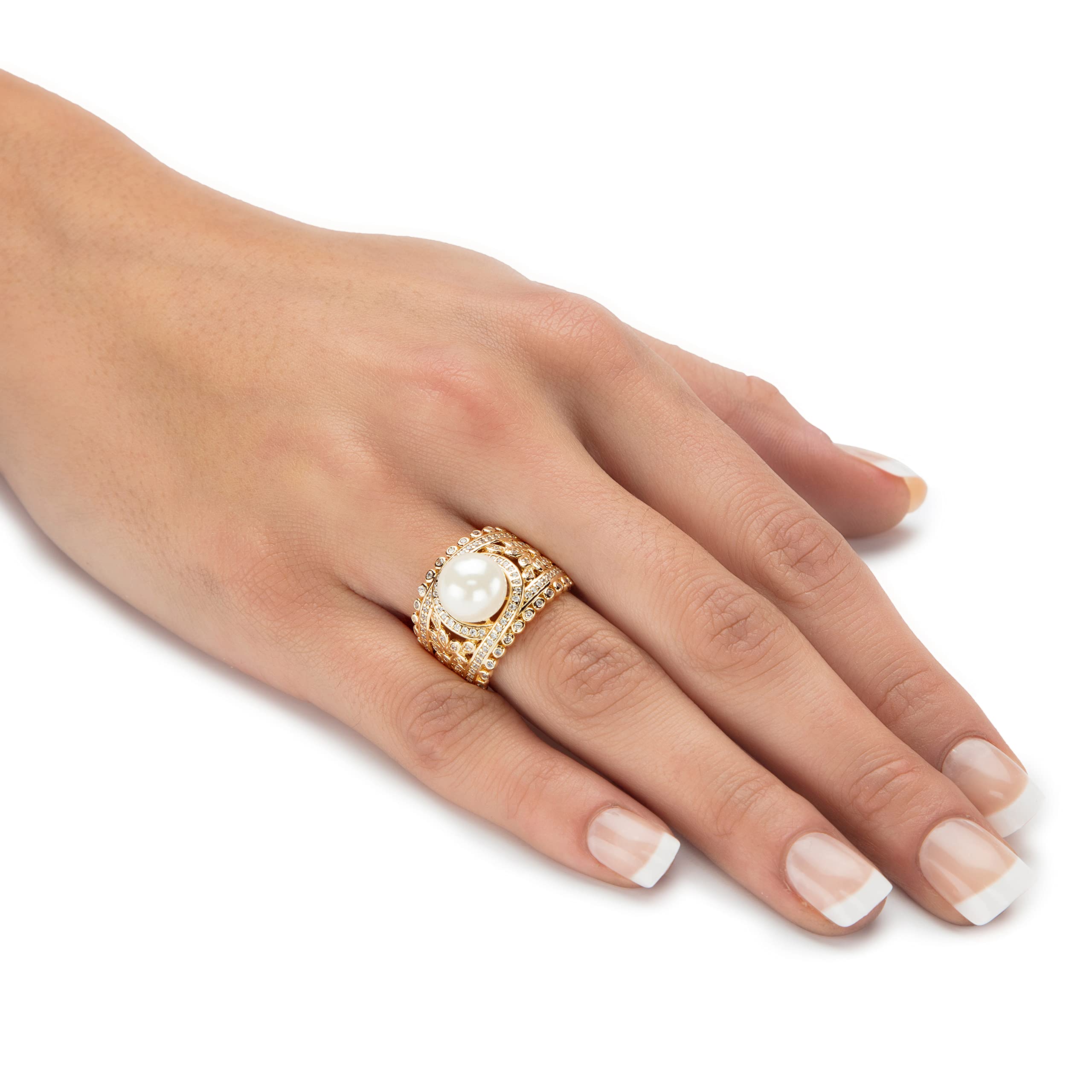 PalmBeach Yellow Gold-Plated or Platinum-Plated Sterling Silver Round Simulated Pearl and Round Cubic Zirconia Floral Ring Size 7
