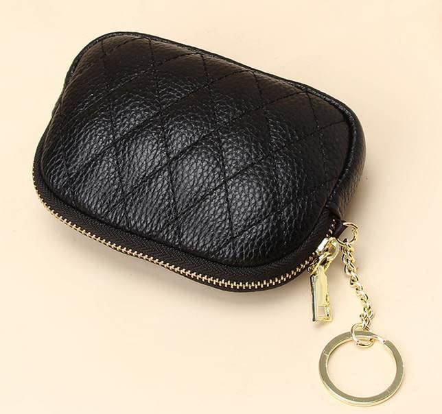 Women's Genuine Leather Small Coin Purse Change Zipper Wallet Mini Purse with Keychain (Black)