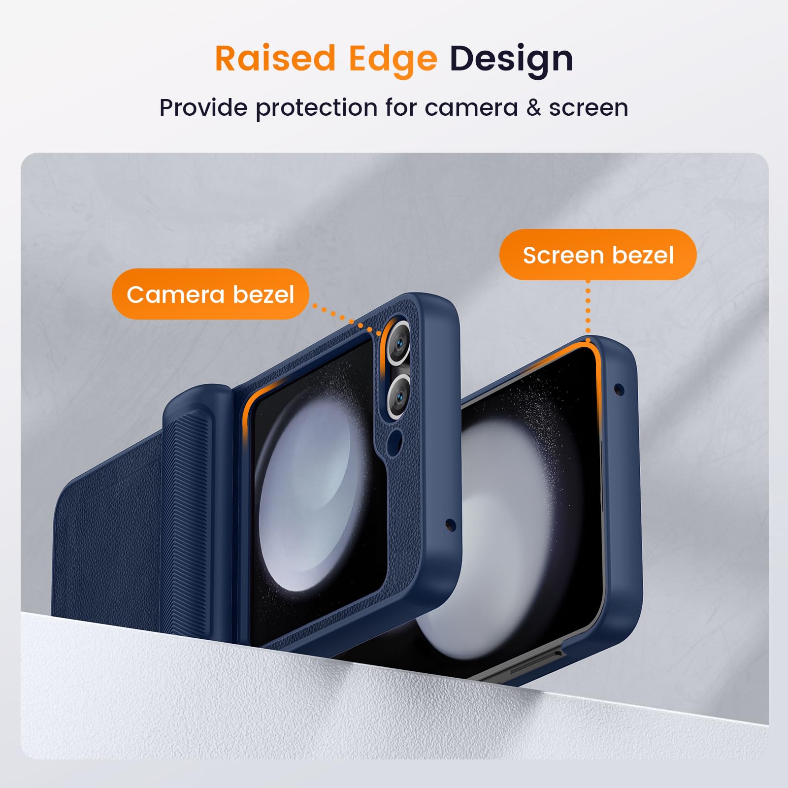 NULETO Blue Leather Galaxy Z Flip5 Case with Hinge Protection, Built-in Screen Protector