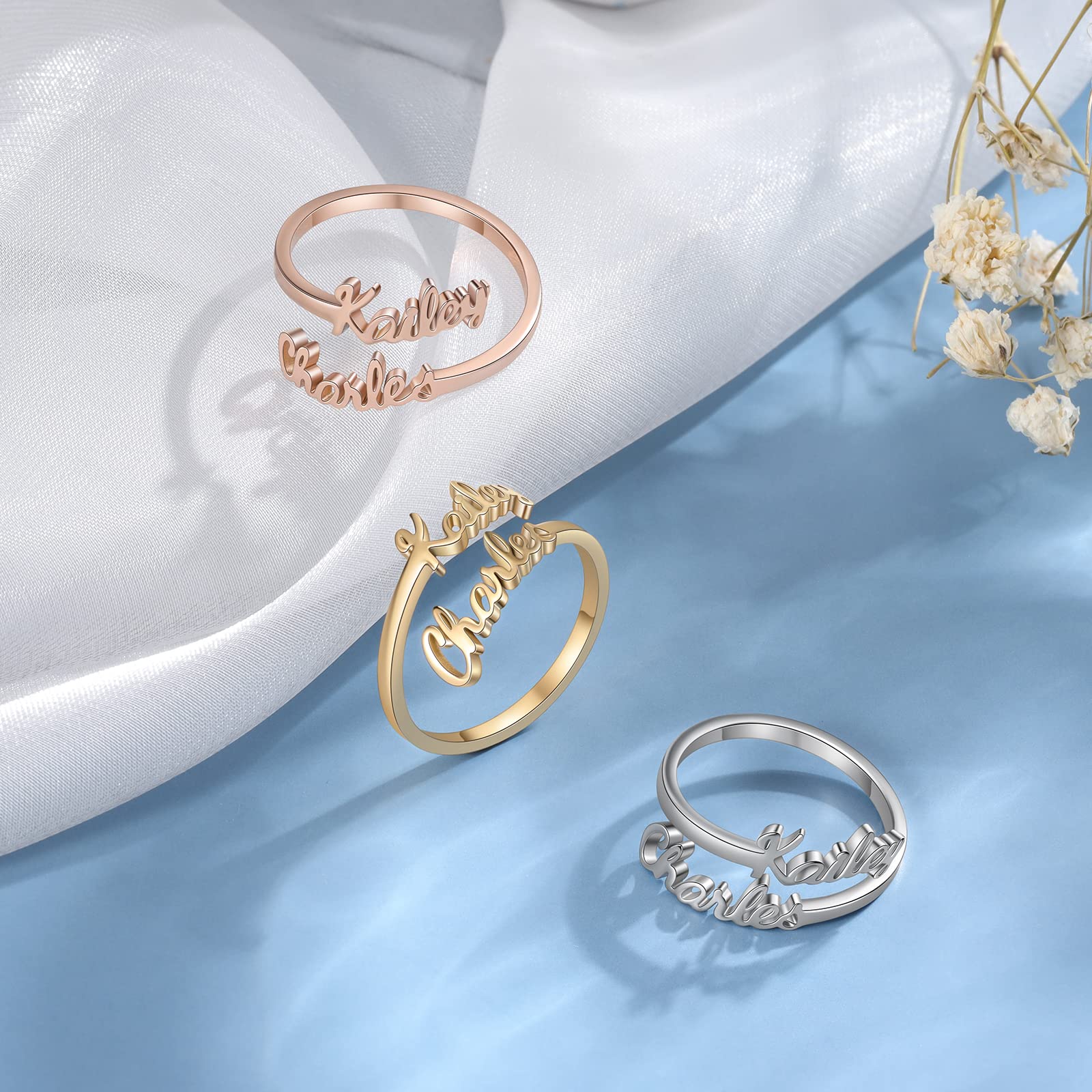 Personalized Name Ring for Women, Custom Adjustable Ring with 2 Names Promise Ring for Her Gift for Women Mother BFF (Rose Gold)