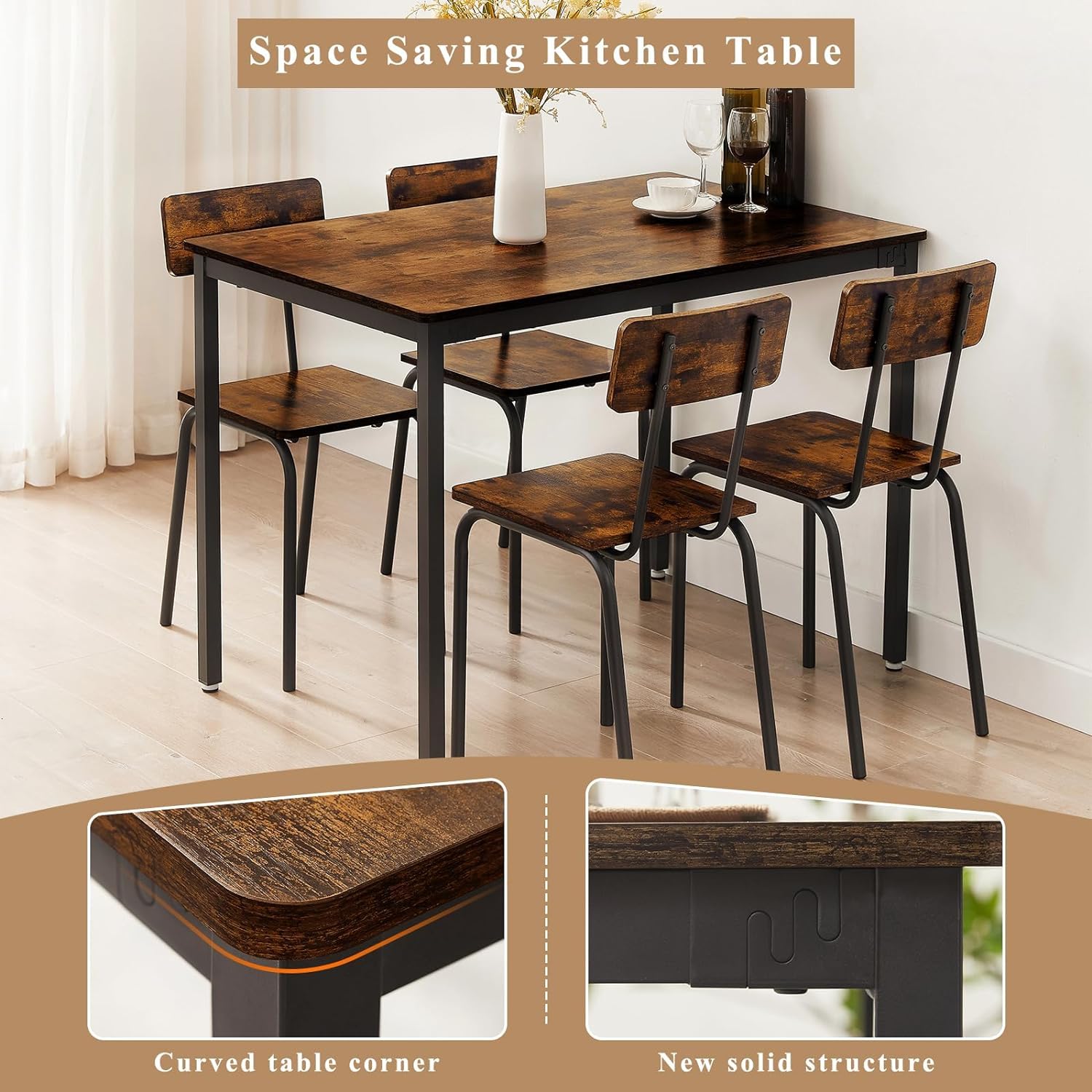 Rovibek 4 Chairs Dining Table Set for 4-8, Modern Space Saving Kitchen Desk, Wooden Industrial Style Farmhouse, 43", Grey