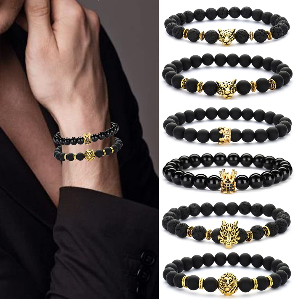SONNYX 12 Pcs 8MM Lava Rock Stone Bead Bracelet for Men Women Crown King Charm Lion Leopard Head Natural stone Bracelet Set Adjustable Elastic