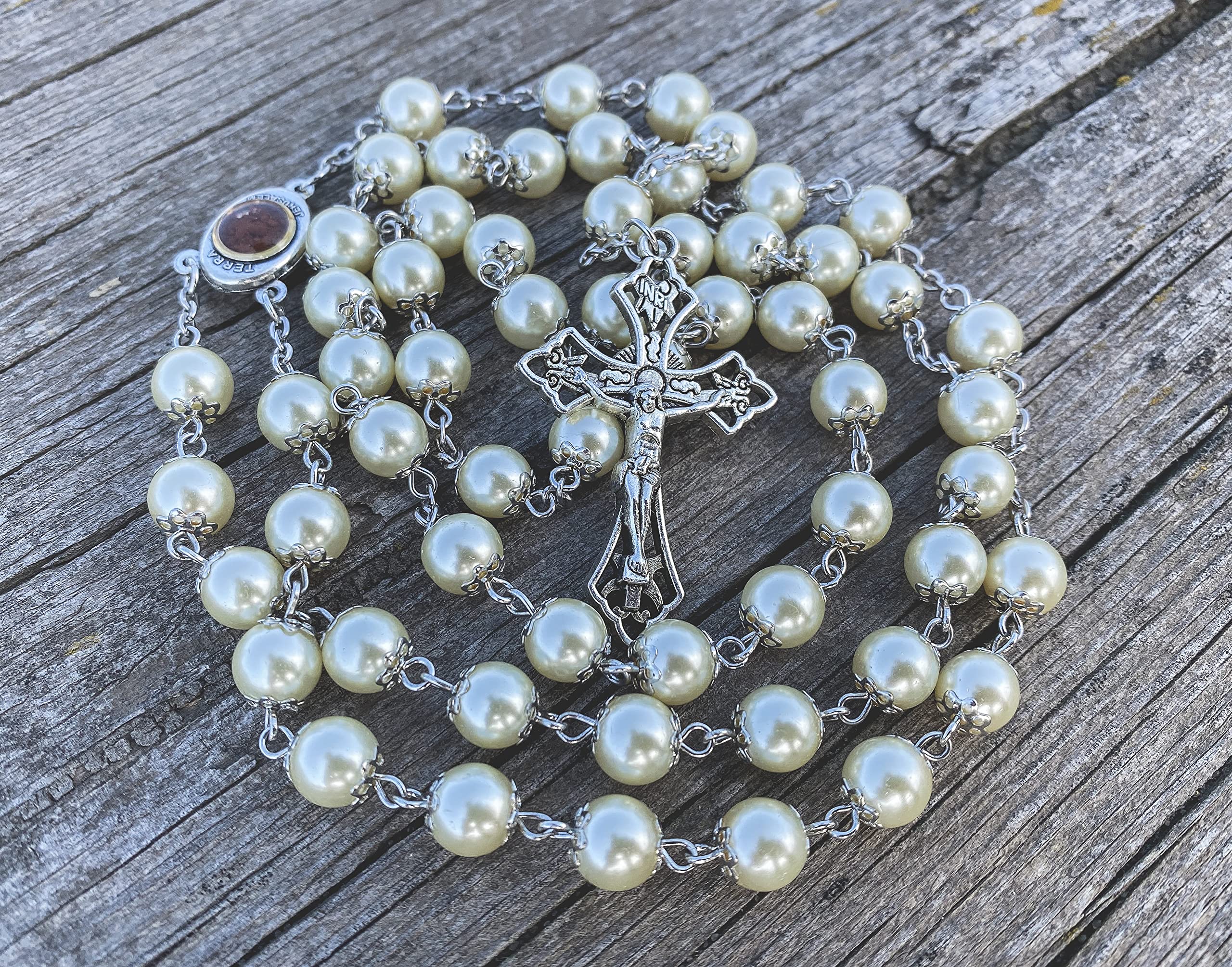 Nazareth Store Pearl Cream Beads Rosary Necklace Holy Soil Medal and Cross Catholic Rosaries for Women, Men