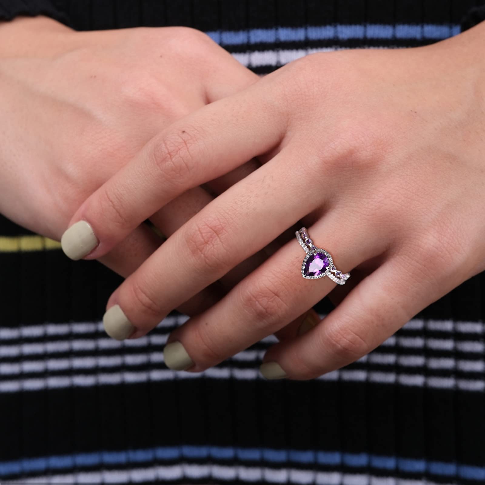Women Shining Amethyst Ring, 2PC Tear Drop Shape Cubic Zirconia Promise Rings Set Teardrop Ring Engagement Wedding Band Ring Sets