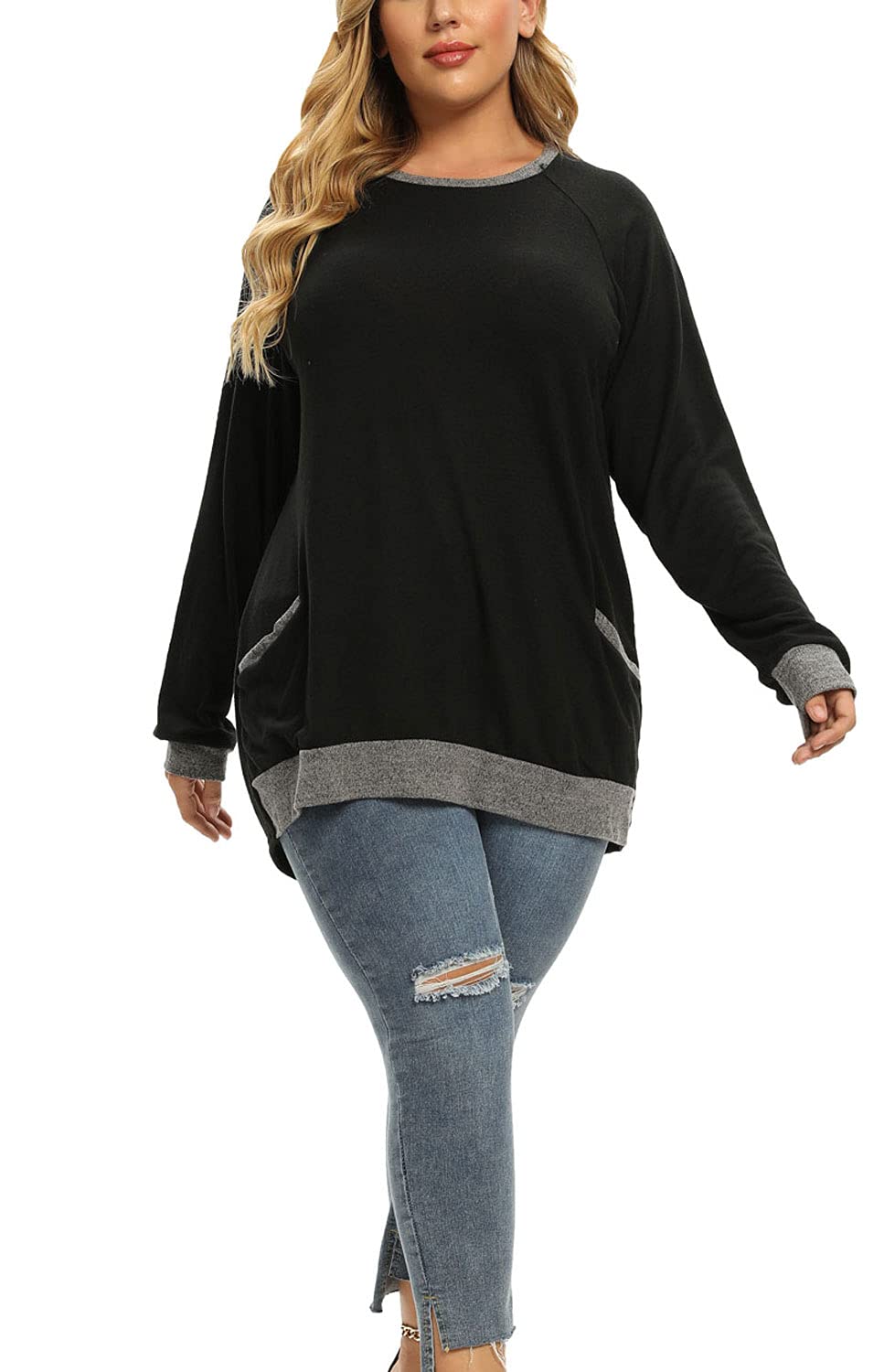 Plus Size Sweatshirts for Women, Long Sleeve Fall Crewneck Tunic Tops with Pockets for Leggings Black 3X