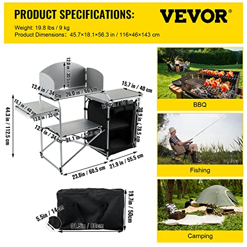 VEVOR Camping Kitchen Table, Aluminum Portable Folding Cook Station with Windscreen Cupboard, Storage Organizer Carrying Bag, Quick Installation, Outdoor Picnic Beach BBQ RV Traveling, Black