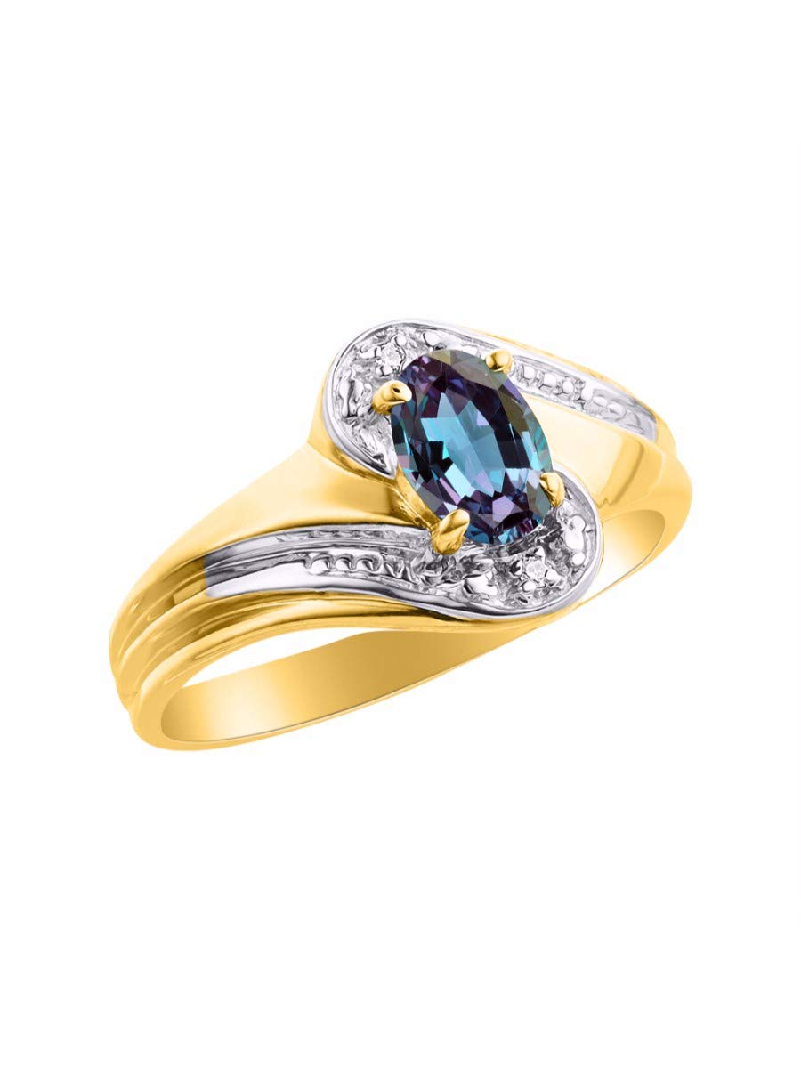 Rylos Rings for Women 14K Gold Plated Silver Swirl Ring with 7X5MM Oval Gemstone & Diamond Ring June Alexandrite Jewelry Size 8