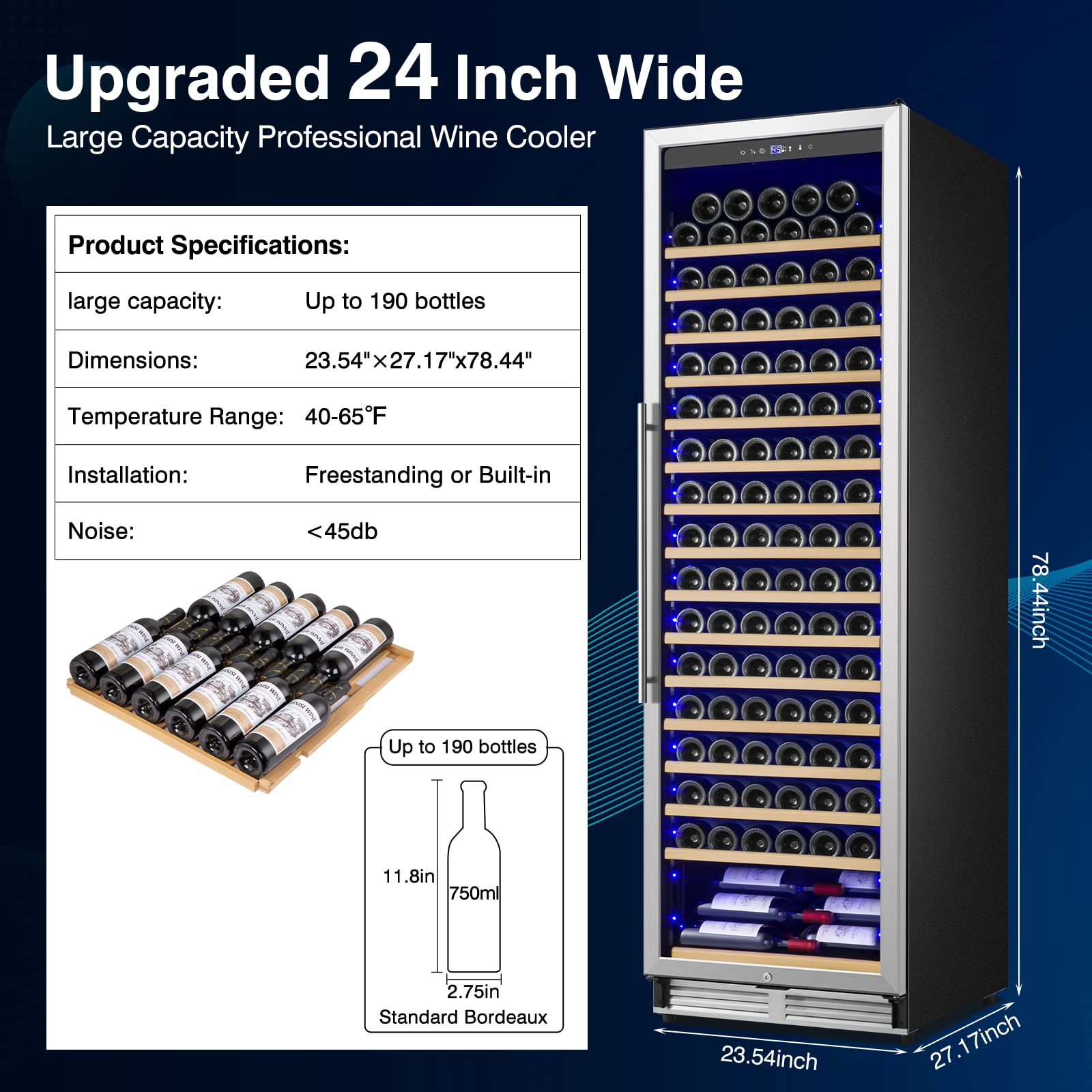 Velieta Upgraded 190 Bottles Wine Cooler Refrigerator,24 Inch Wide Wine Fridge with Professional Temperature Control System, Freestanding or Built-in installation, Quiet Operation