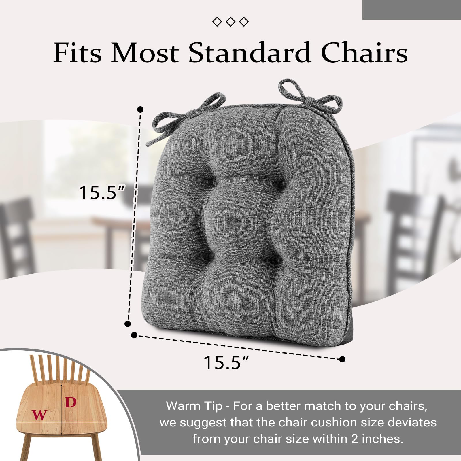 Wellsin Chair Cushions for Dining Chairs 4 Pack, 15.5" X 15.5" Kitchen Chair Cushions with Ties and Non-Slip Backing, Tufted Shredded Memory Foam Kitchen Chair Pads, Dark Gray