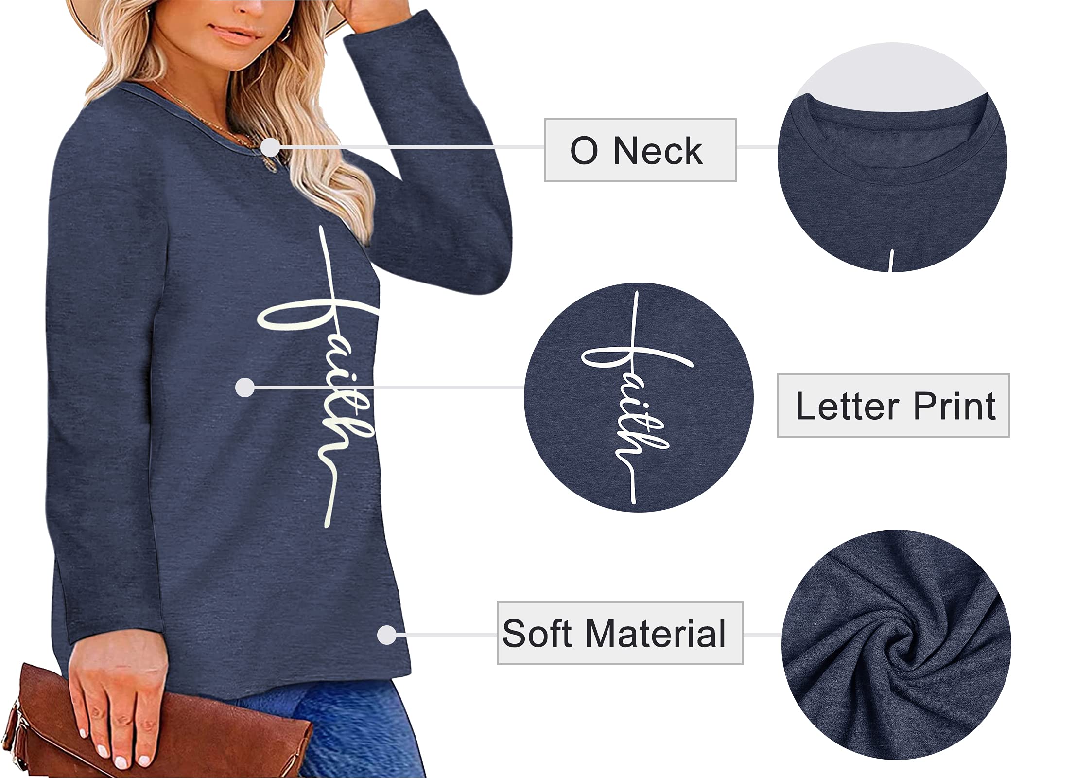 Plus Size Tops Women Faith Shirts Christian Inspirational Tshirt Long Sleeve Graphic Tees(C-02-Blue,3X)