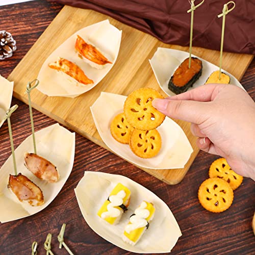 WATHFKCU 5.7 Inch Disposable Bamboo Wooden Sushi Boat Plate Bamboo Appetizer Plates Dishes Sushi Serving Tray Wooden Leaf Boat with 100Pcs Bamboo Picks (5.7inch)
