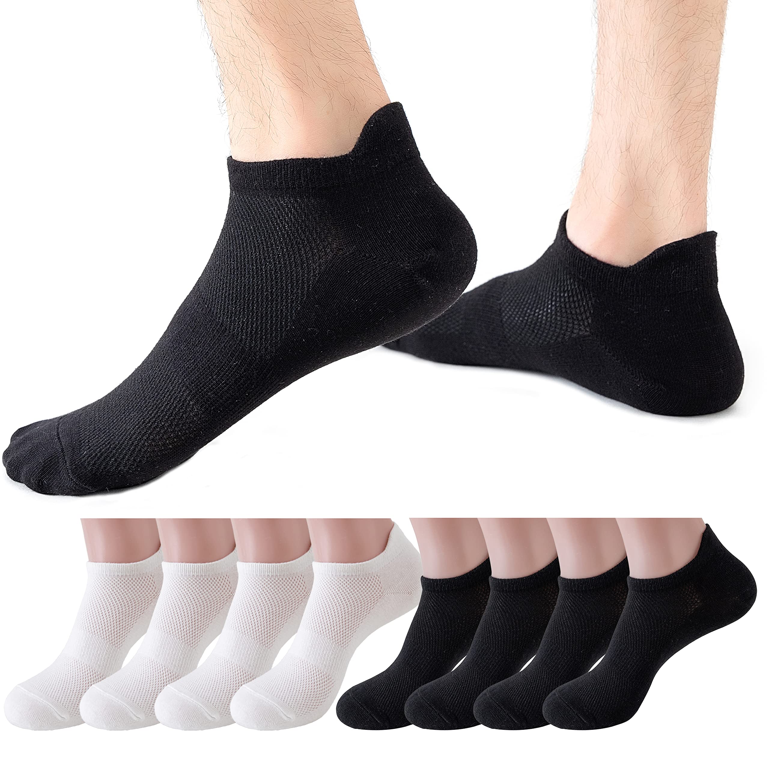 VFM 8 Pairs Ankle Athletic Running Socks for Men Women Low Cut Wicking Sport Cushion Tab Breathable Mesh Socks (4Black+4White)