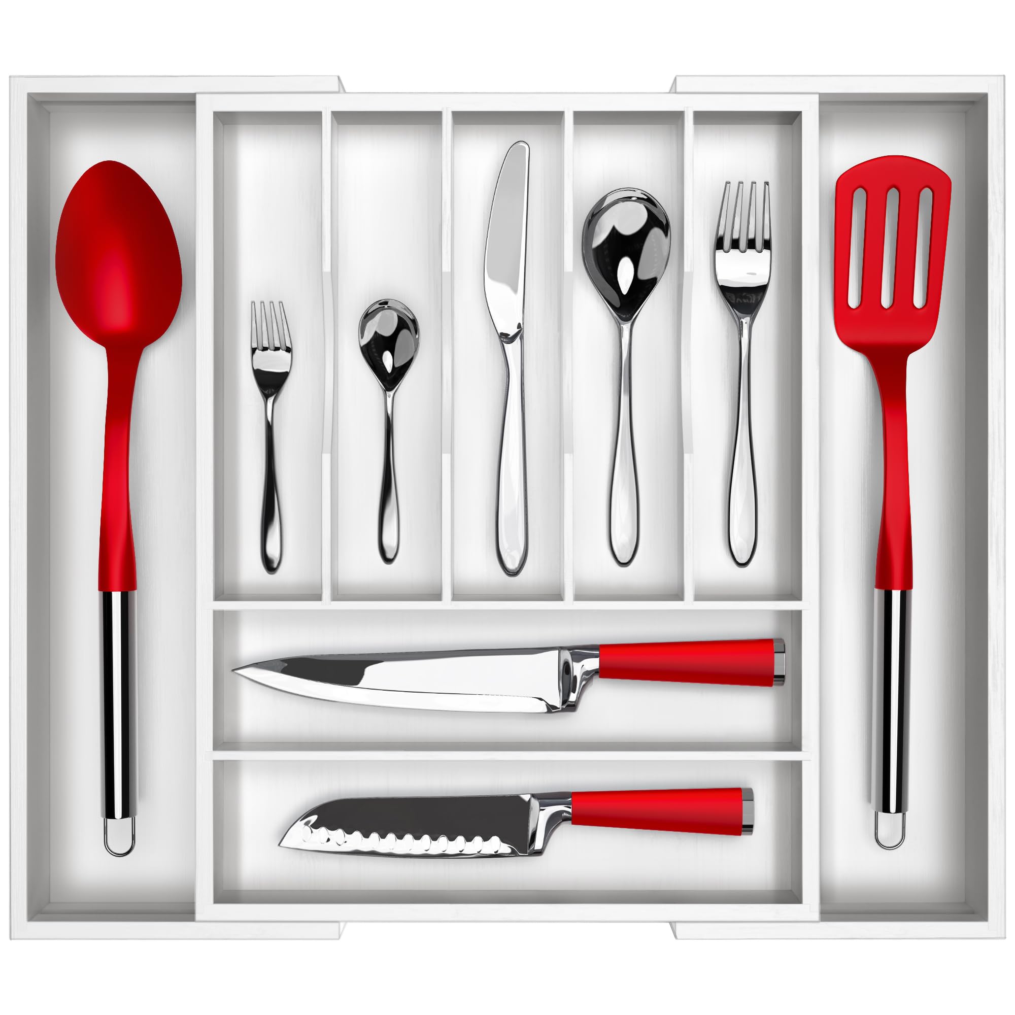 ROYAL CRAFT WOOD Luxury Bamboo Kitchen Drawer Organizer - Silverware Organizer - Utensil Holder and Cutlery Tray with Grooved Drawer Dividers for Flatware and Kitchen Utensils (White)