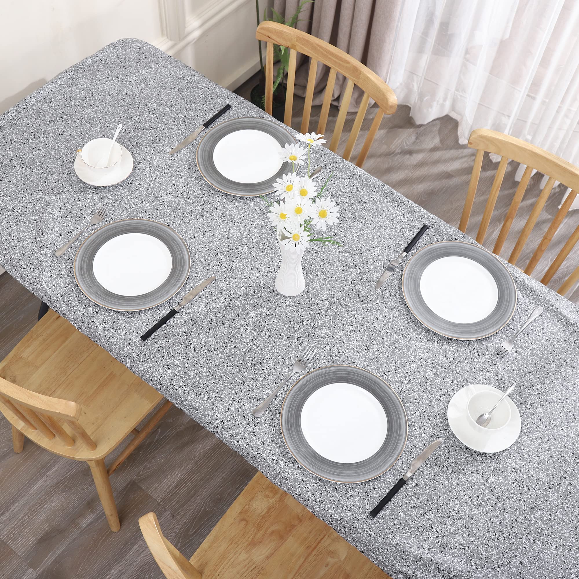 Tablecloth for Folding Table-Elastic Edged Flannel Backed Vinyl Fitted Table Cover Waterproof Oil-Proof PVC Table Cloth Stain-Resistant Wipeable (Gray Granite, 6Ft-30 x 72 Inch Rectangle Tight Fit)