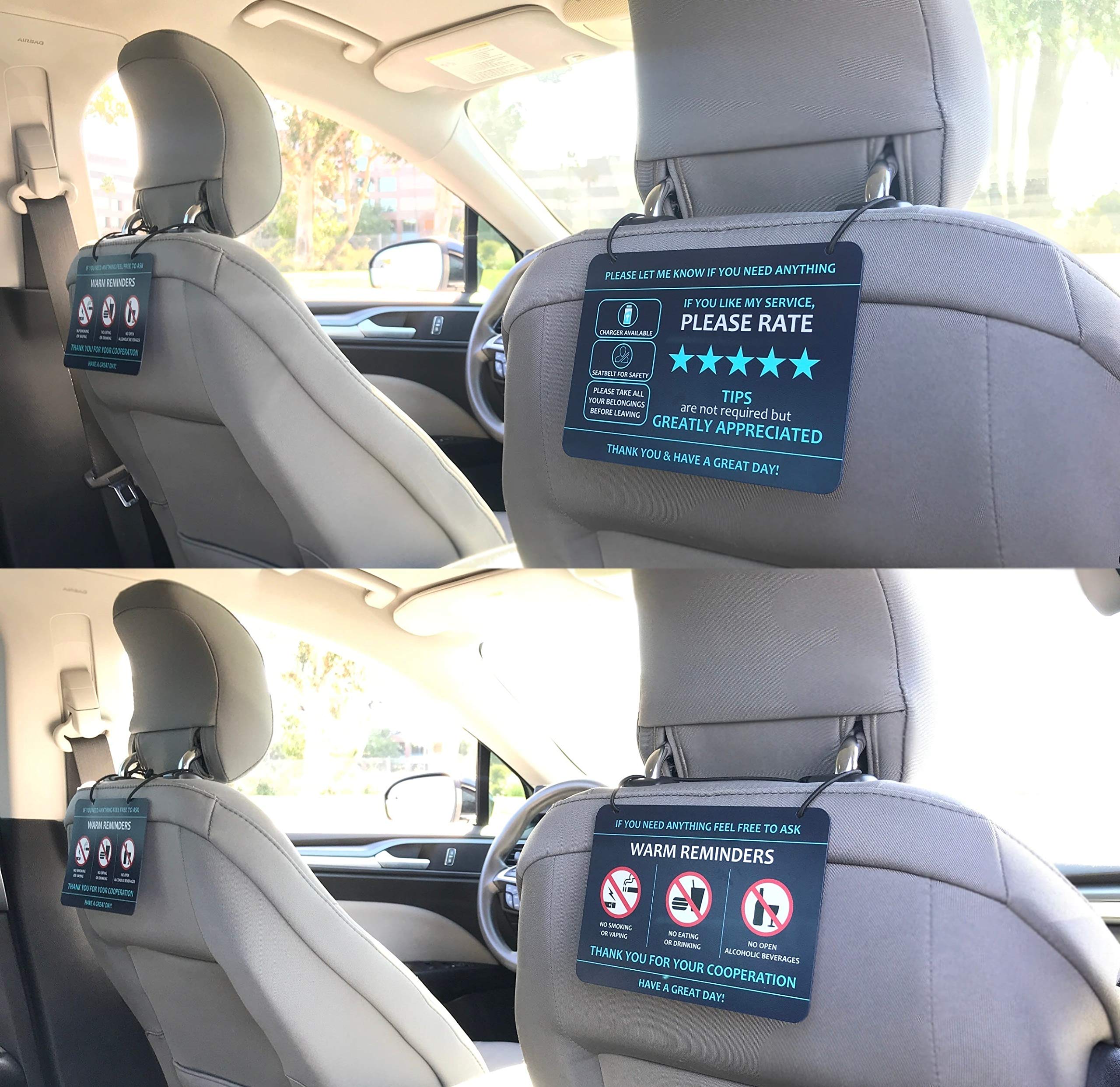Nebudo Compatible with Lyft Uber (2-Pack) Tips Rating Appreciated Rideshare Accessories β 7β x 5β β Interior Acrylic Headrest Sign - Rate Me Tip No Smoking for 5 Star Rides for Ride-Share Drivers