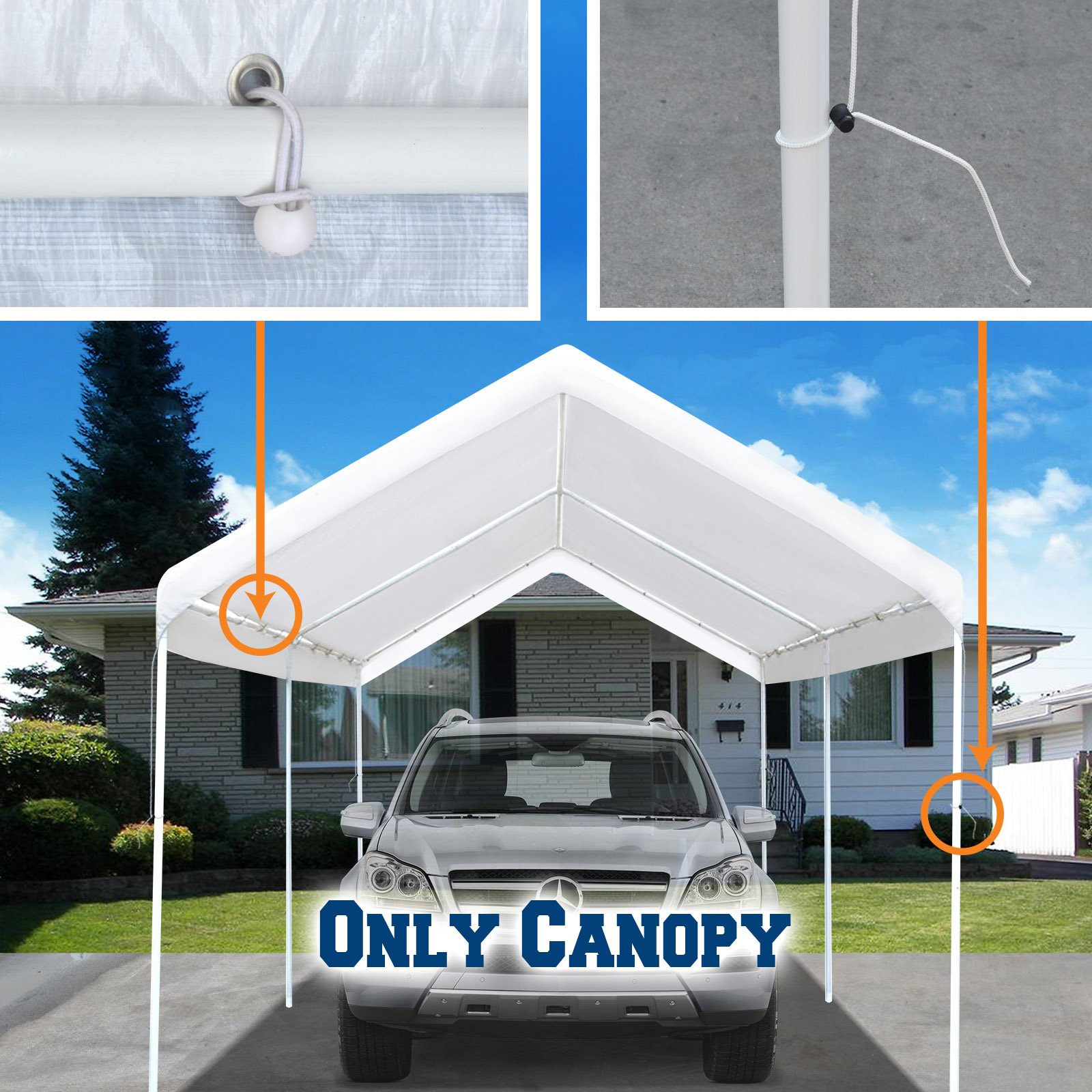 YardGrow 10'x20' Carport Replacement Canopy Cover for Tent Top Garage Shelter Cover with Ball Bungees (Only Cover, Frame is not Included)