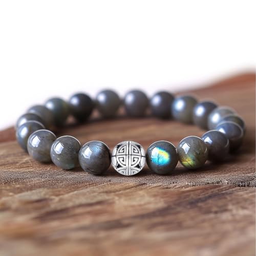 Natural 8mm Gorgeous Men Women Semi-Precious Gemstones Healing Crystal Stretch Beaded Bracelet Unisex Bangle with 925 Sterling Silver Double Happiness Pendant (Labradorite)