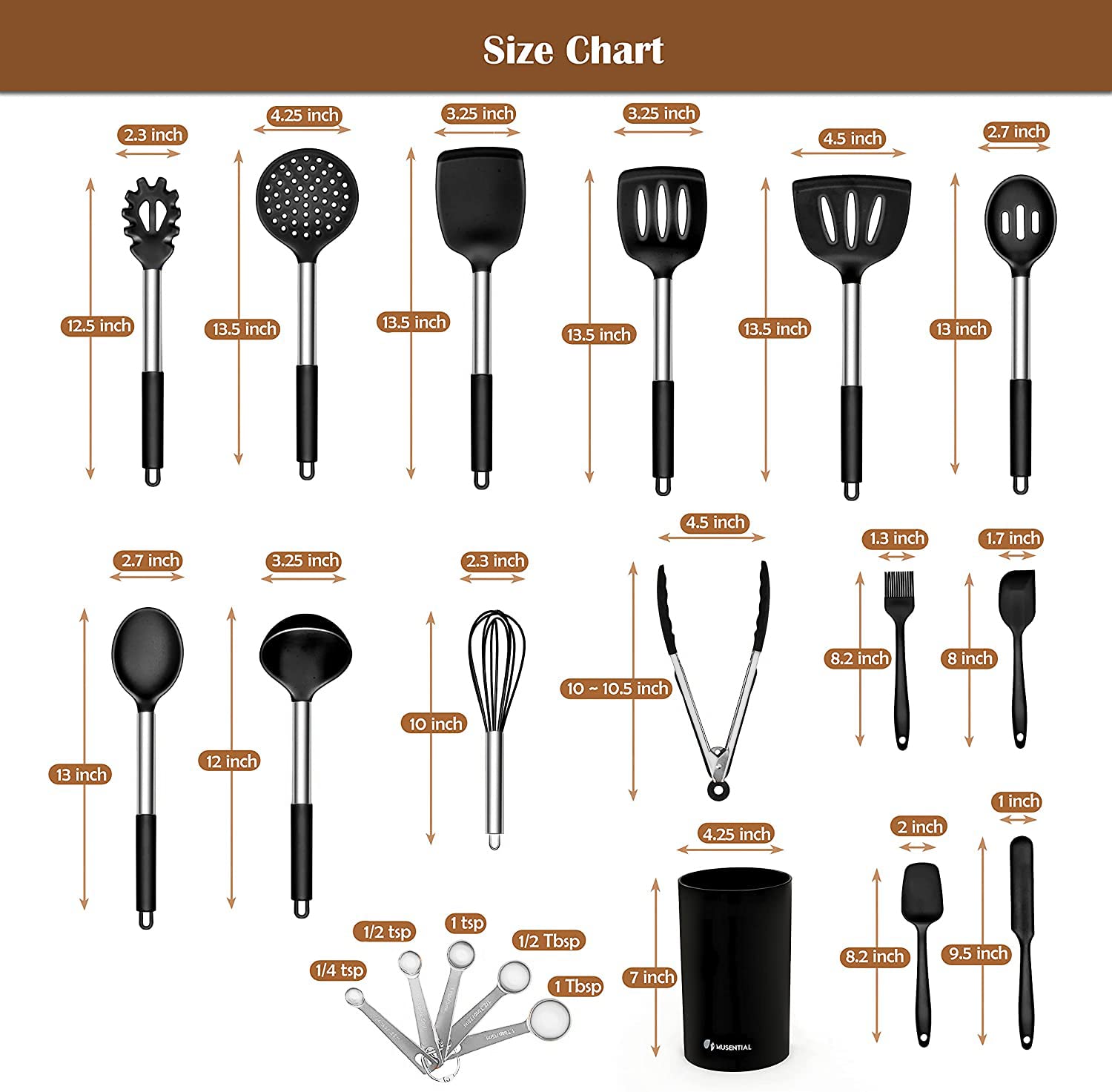 MUSENTIAL 20-Piece Kitchen Utensil Set with Holder, BPA-Free Silicone and Stainless Steel Handle, Non-Stick and Heat Resistant Cooking Spatula Utensil Set (Black/Silver)