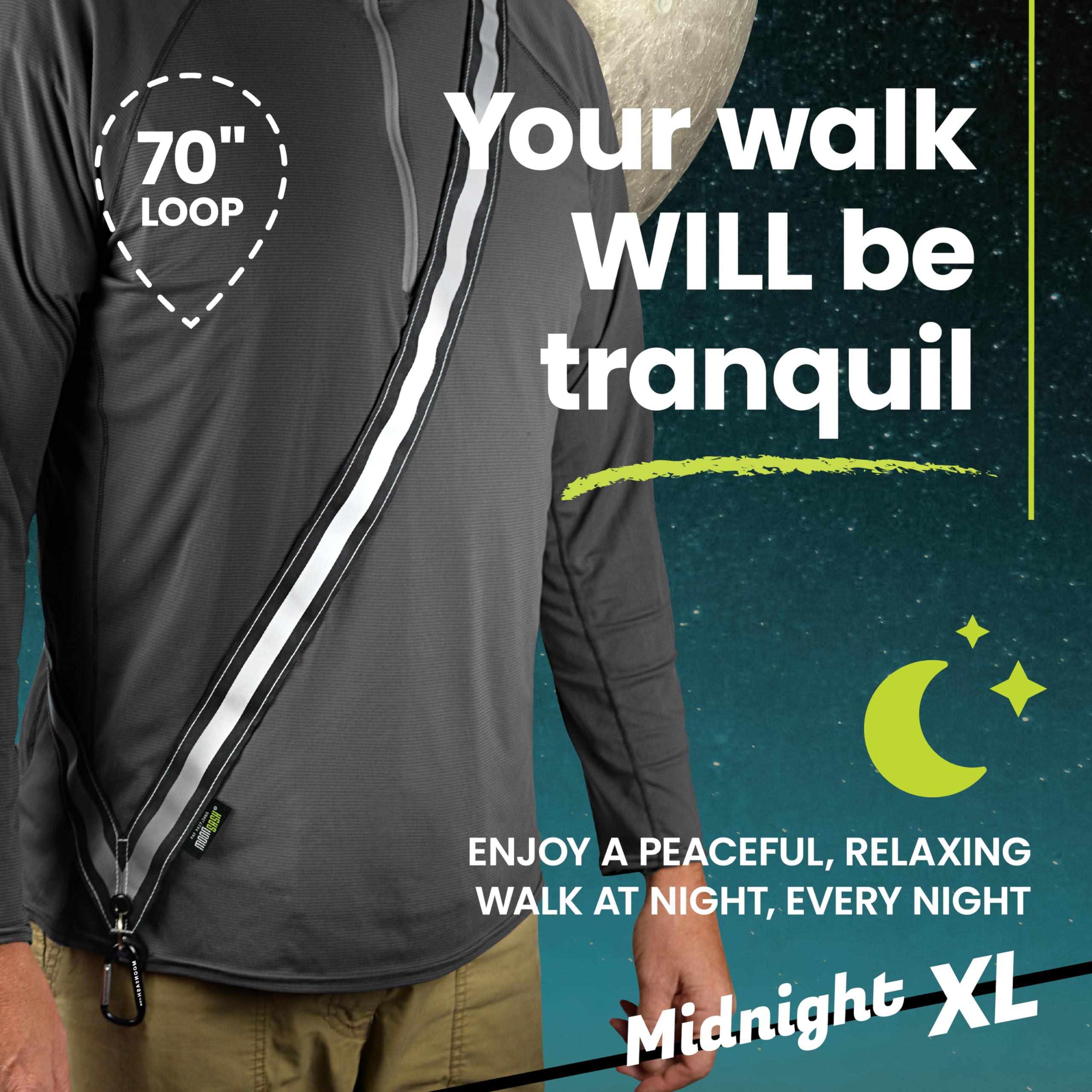 MOONSASH Fitted Reflective Gear for Walking at Night | Running, Biking, Dog Walking… Hi-Vis, Reversible & Comfortable Reflective Sash for Women, Men & Kids | US Patented | Best Replacement for Vest!