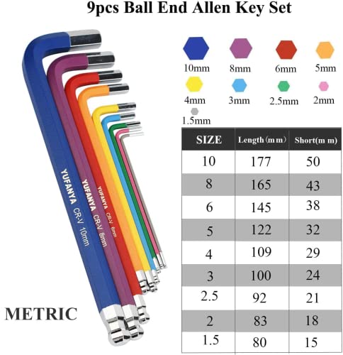 YUFANYA 18-Piece Allen Wrenches Sets,Premium Quality SAE/Metric Hex Key Set in Portable Case,Durable Industrial CRV Made,Long Arm Ball End, Multicolor Coding